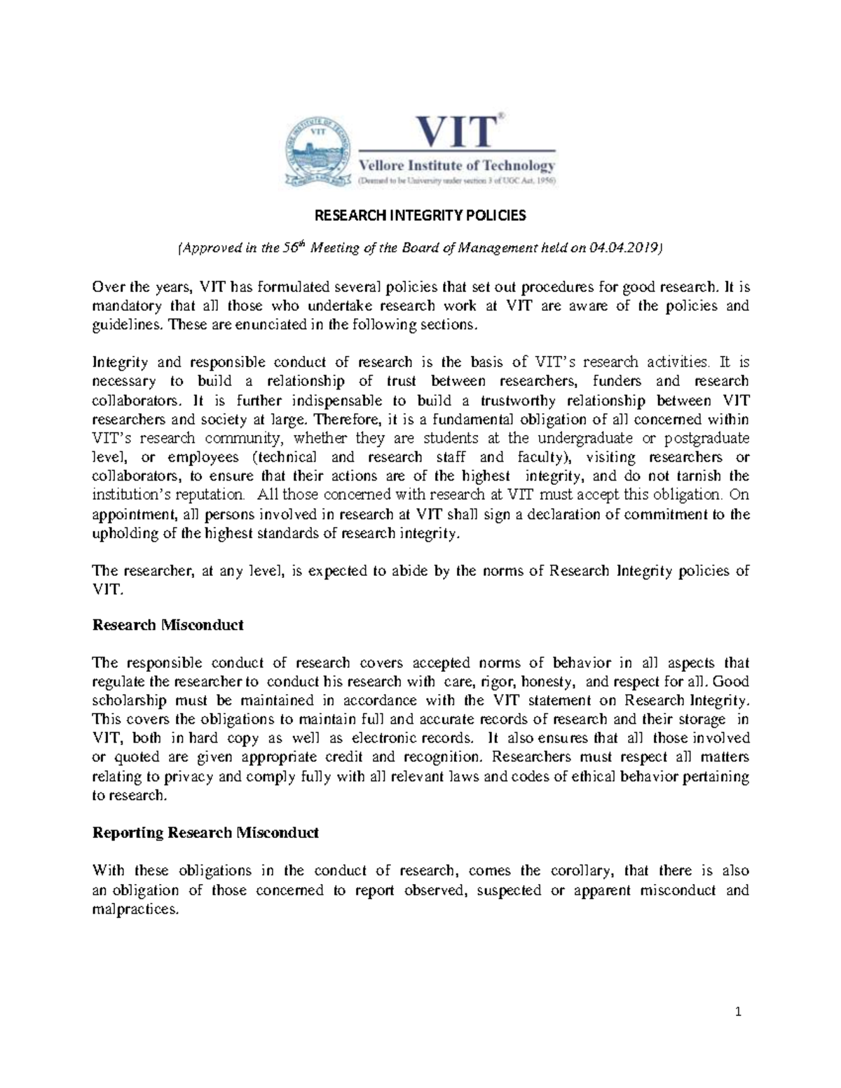 Research Code of Ethics - RESEARCH INTEGRITY POLICIES (Approved in the ...