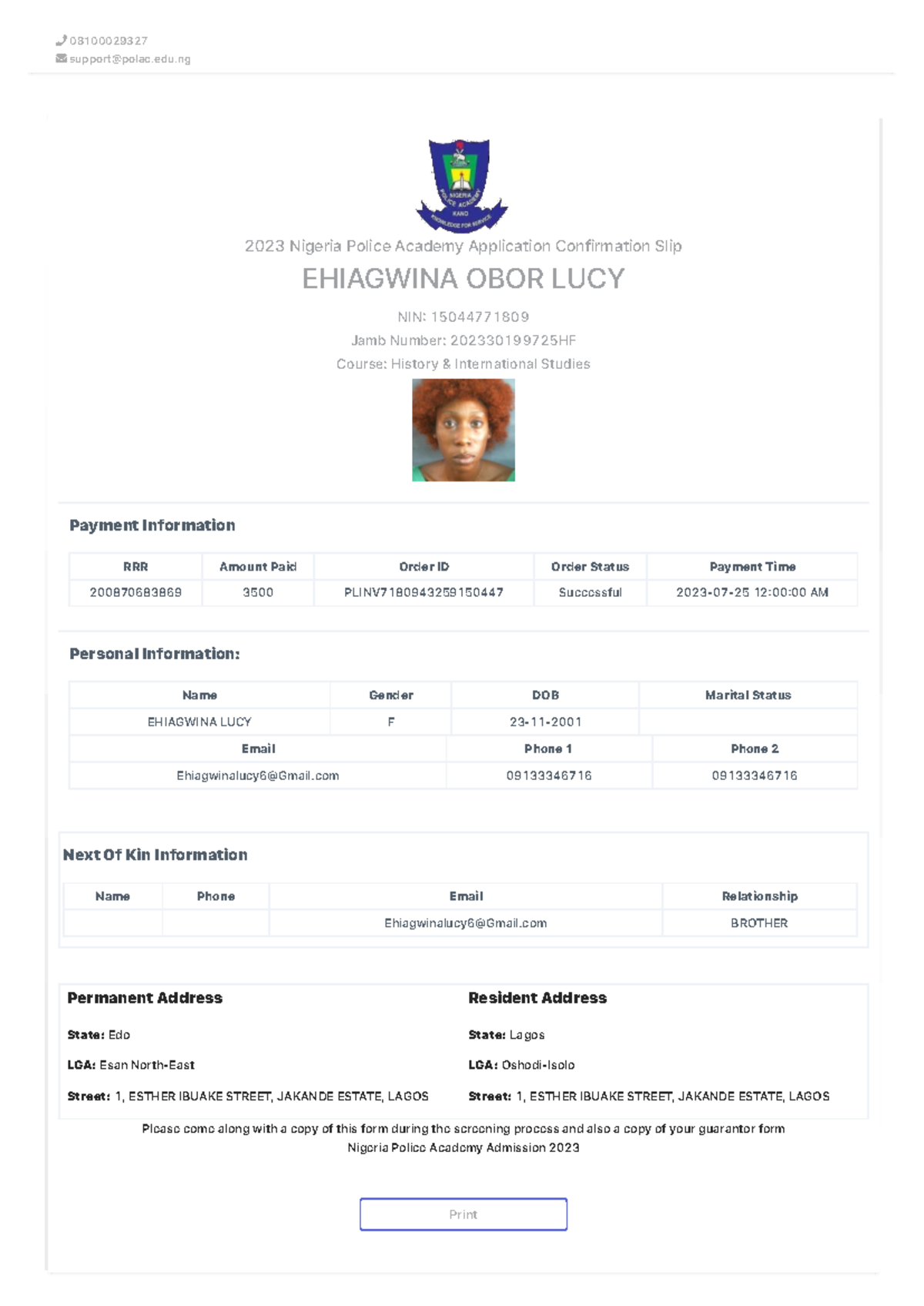 Nigeria Police Force Admission Portal NPF - Permanent Address State ...