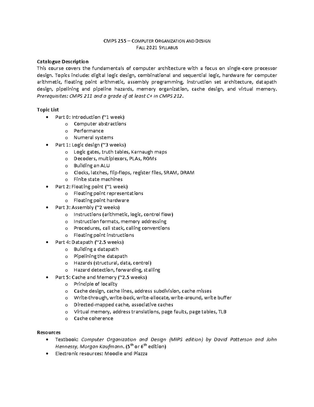 CMPS 255 Fall 2021 Syllabus - CMPS 255 – COMPUTER ORGANIZATION AND ...