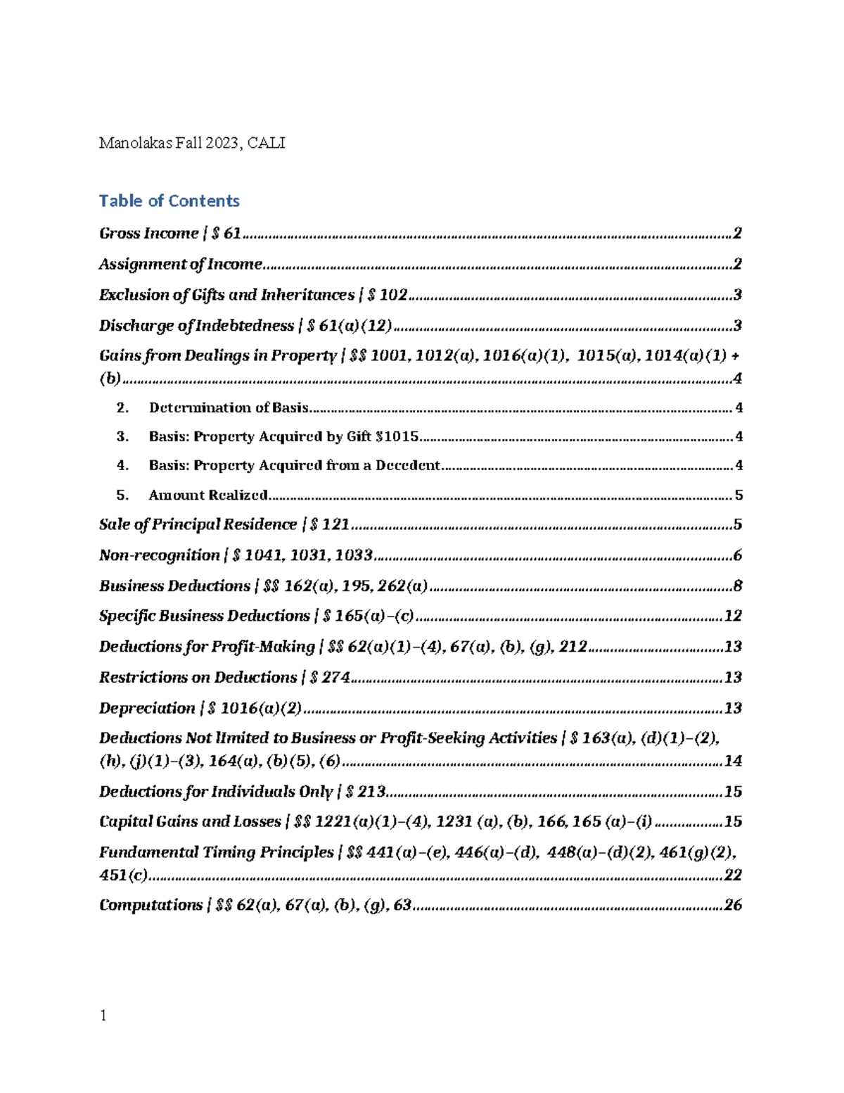 (1.3) Fed Income Tax Outline - Manolakas Fall 2023, CALI Gross Income ...