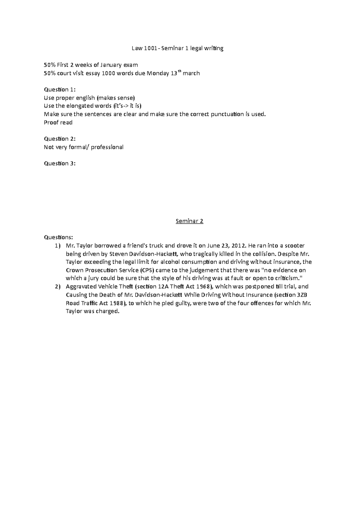 1001 seminar work - Law 1001- Seminar 1 legal writing 50% First 2 weeks ...