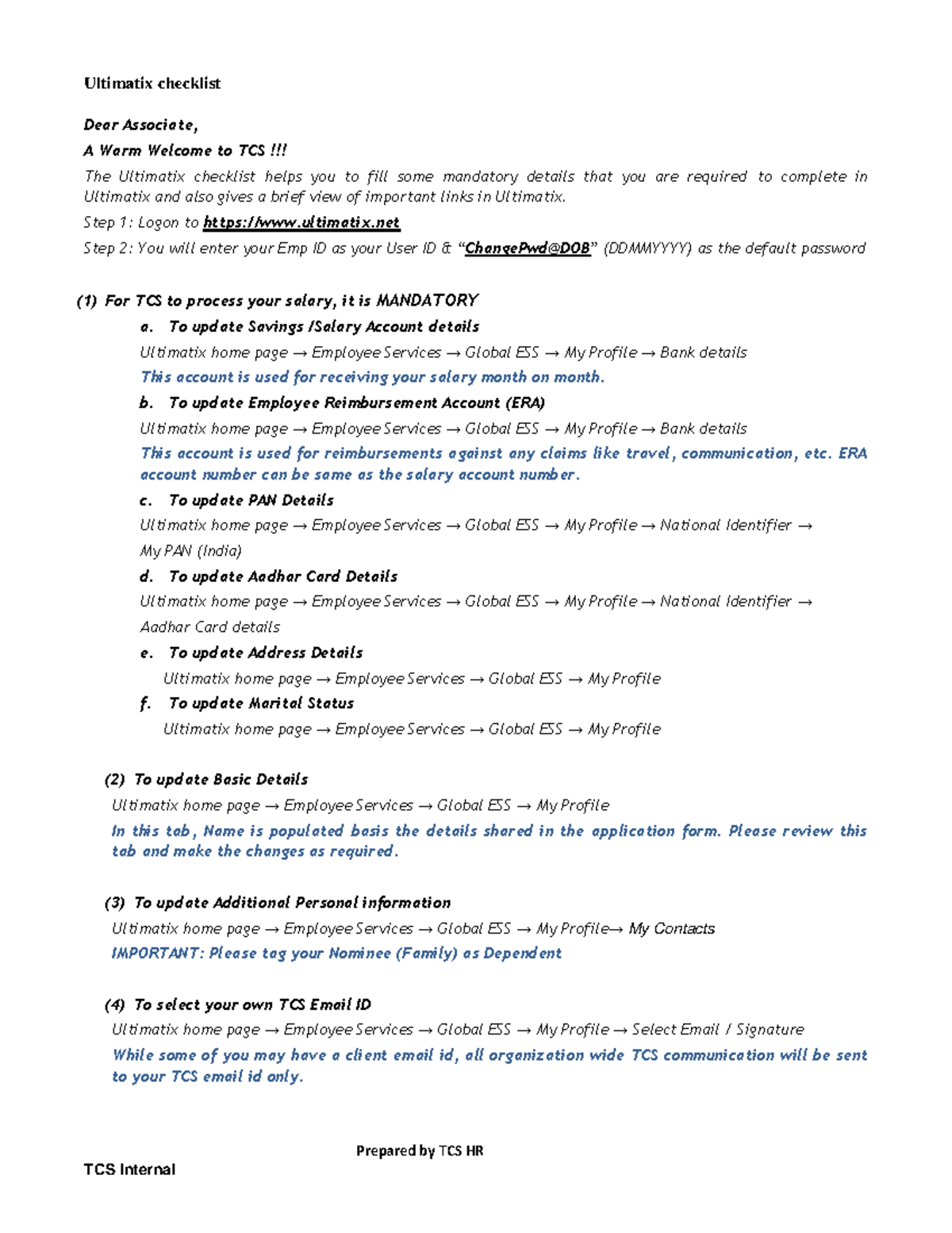 Ultimatix - Handout - Nothing - Ultimatix checklist Prepared by TCS HR ...