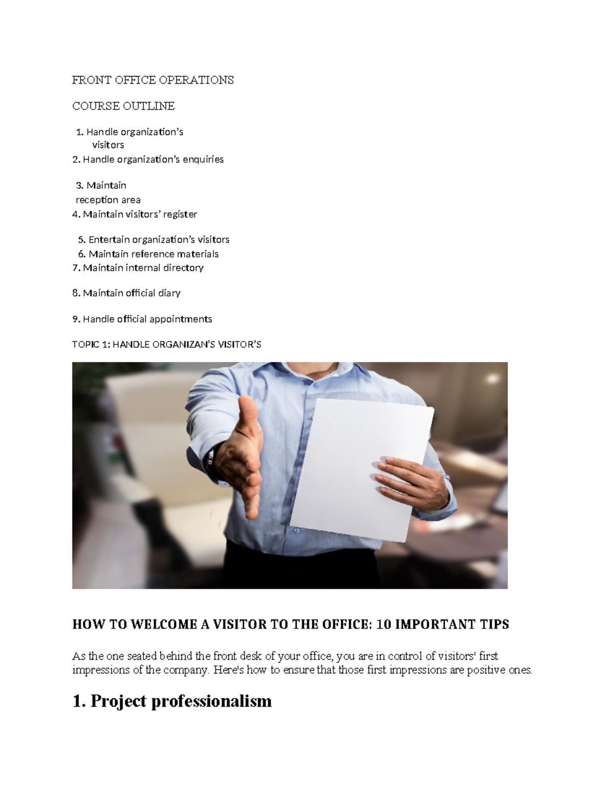 Front Office Operation Notes - FRONT OFFICE OPERATIONS COURSE OUTLINE 1 ...