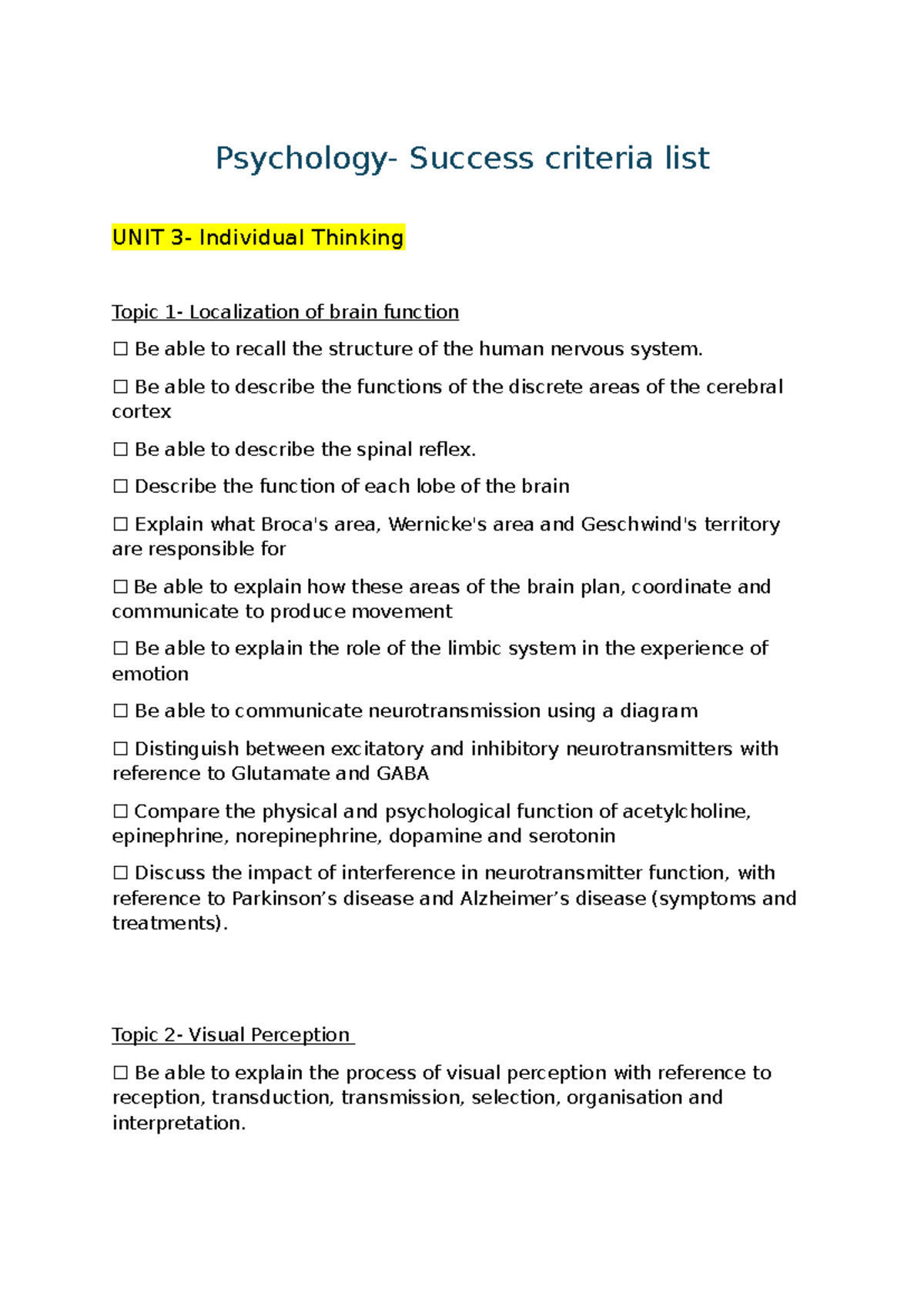 Psychology success criteria checklist - Psychology- Success criteria ...