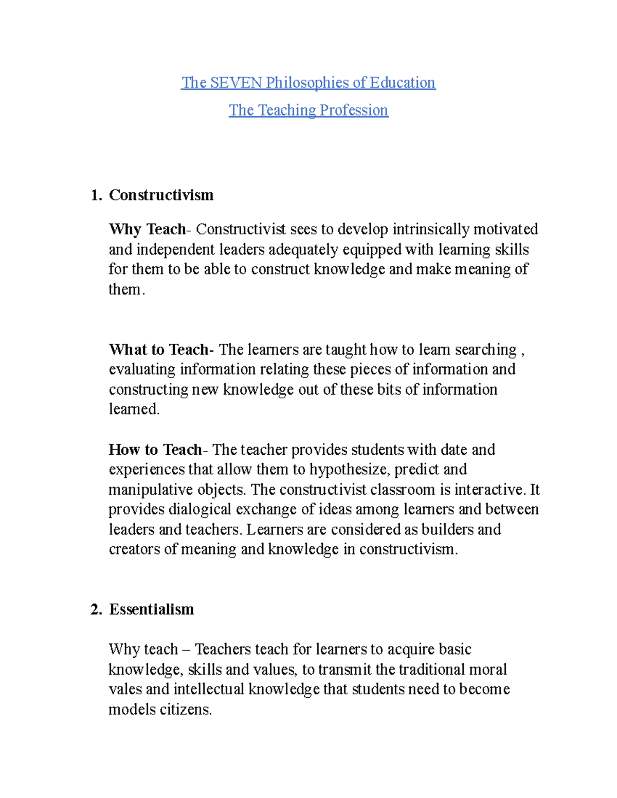 Seven Philosophies of Education - The SEVEN Philosophies of Education ...