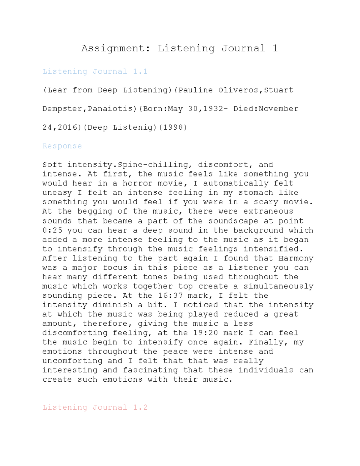 Assignment Listening Journal 1 - (Lear from Deep Listening)(Pauline ...