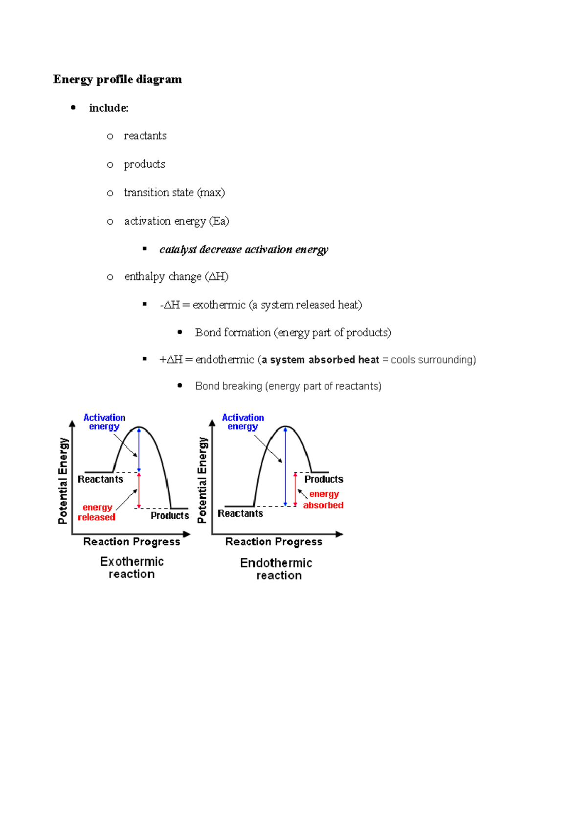 CHEM unit 1 notes - Energy profile diagram include: o reactants o ...