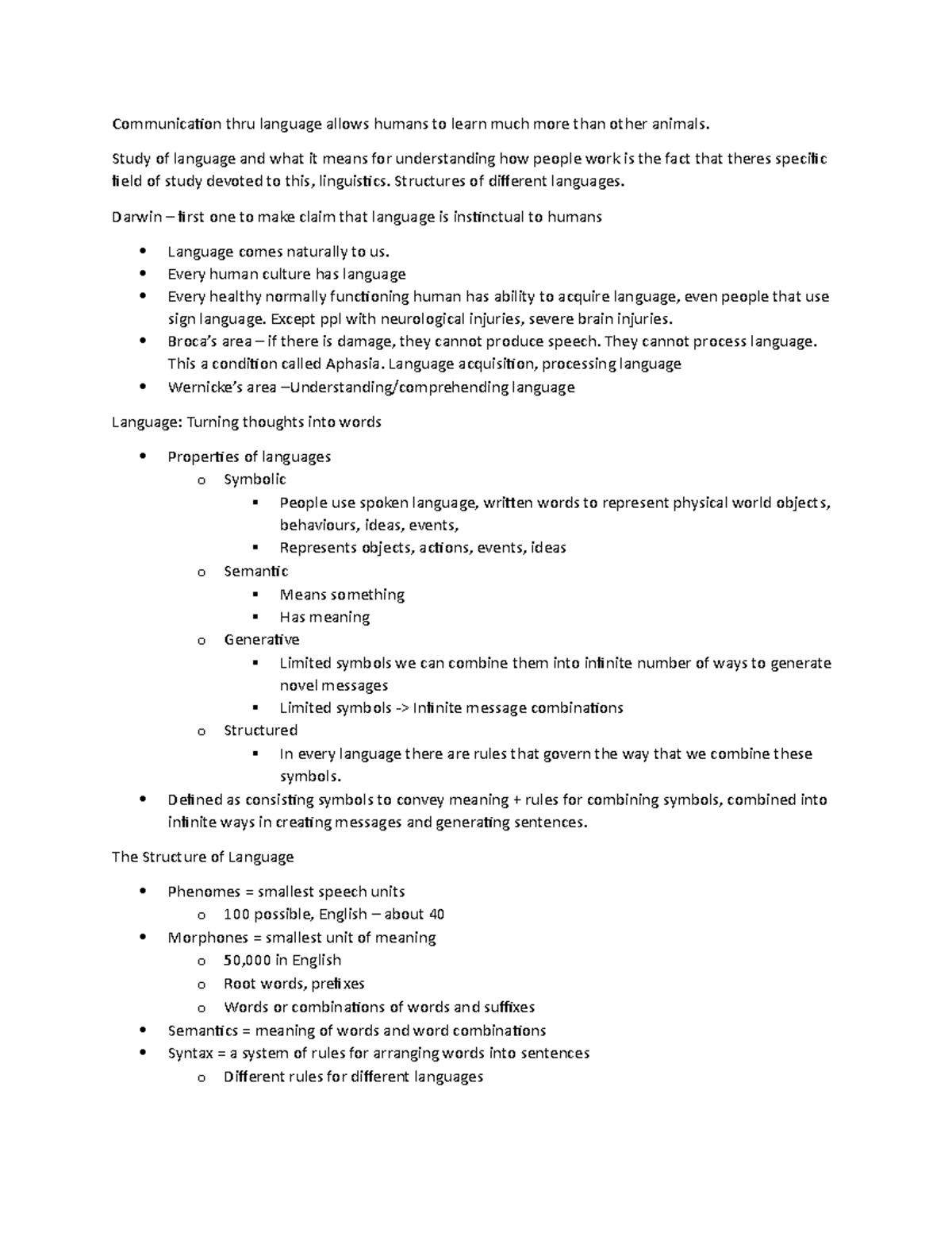 Lecture 10 Notes For Psyc 1001 Intro To Psyc Communication Thru Language Allows Humans To