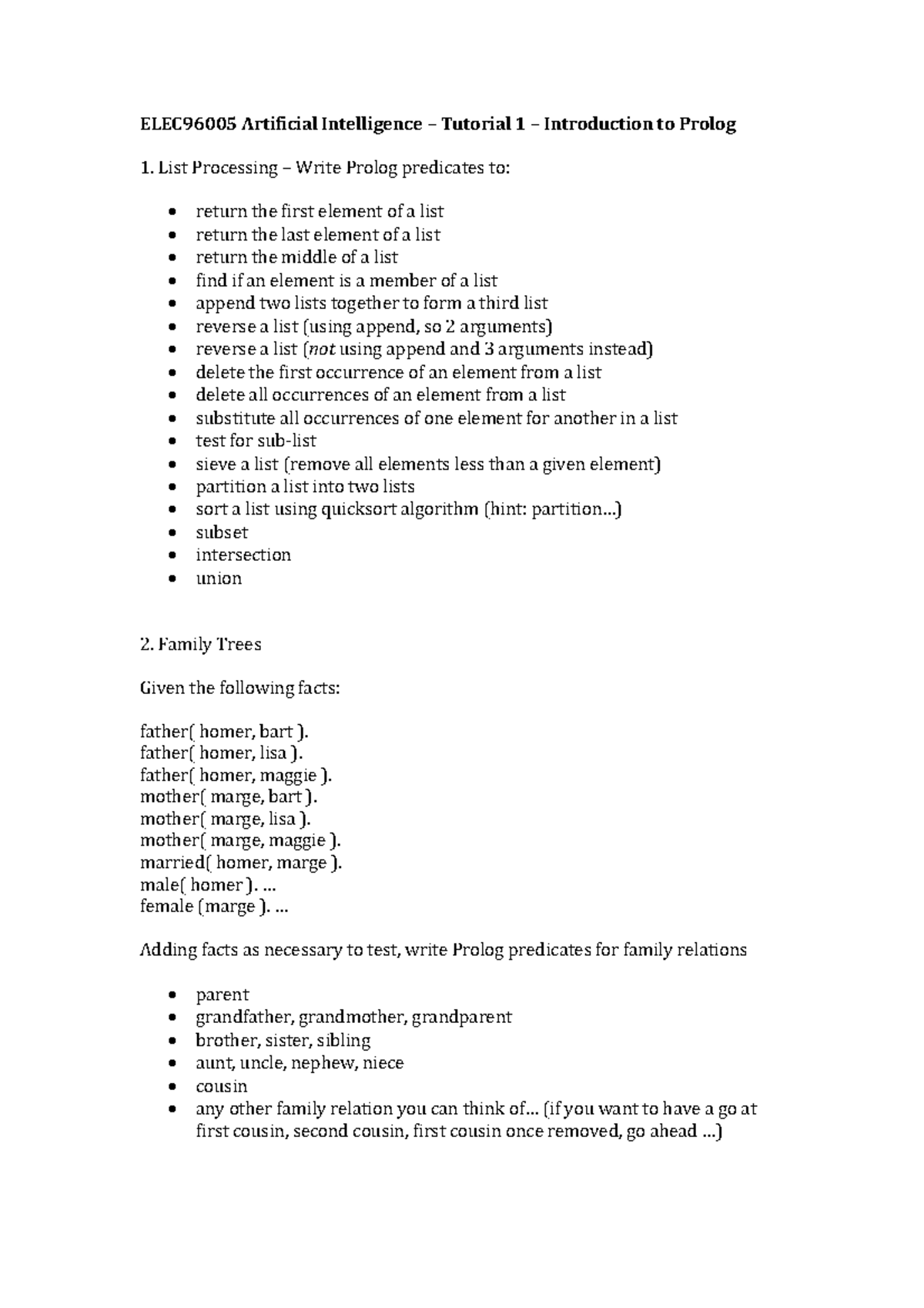 T1. Prolog Tutorial - ELEC96005 Artificial Intelligence – Tutorial 1 ...