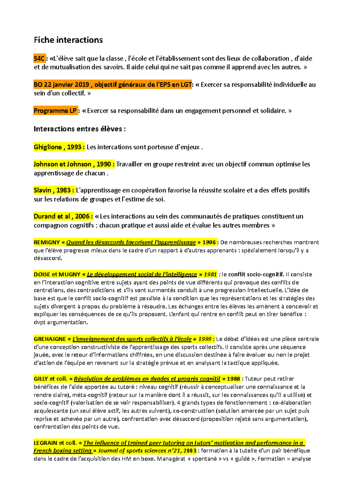 Fiche E2 interactions - Fiche interactions S4C : «L'élève sait que la classe , l'école et - Studocu