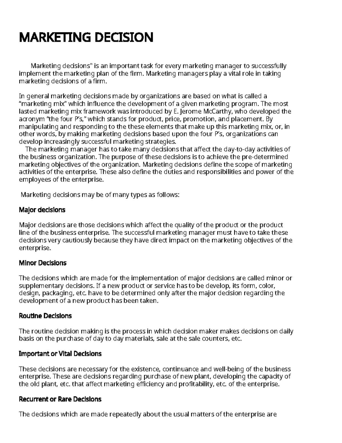 Marketing decision - Notes prepared by rajan sir - MARKETING DECISION ...