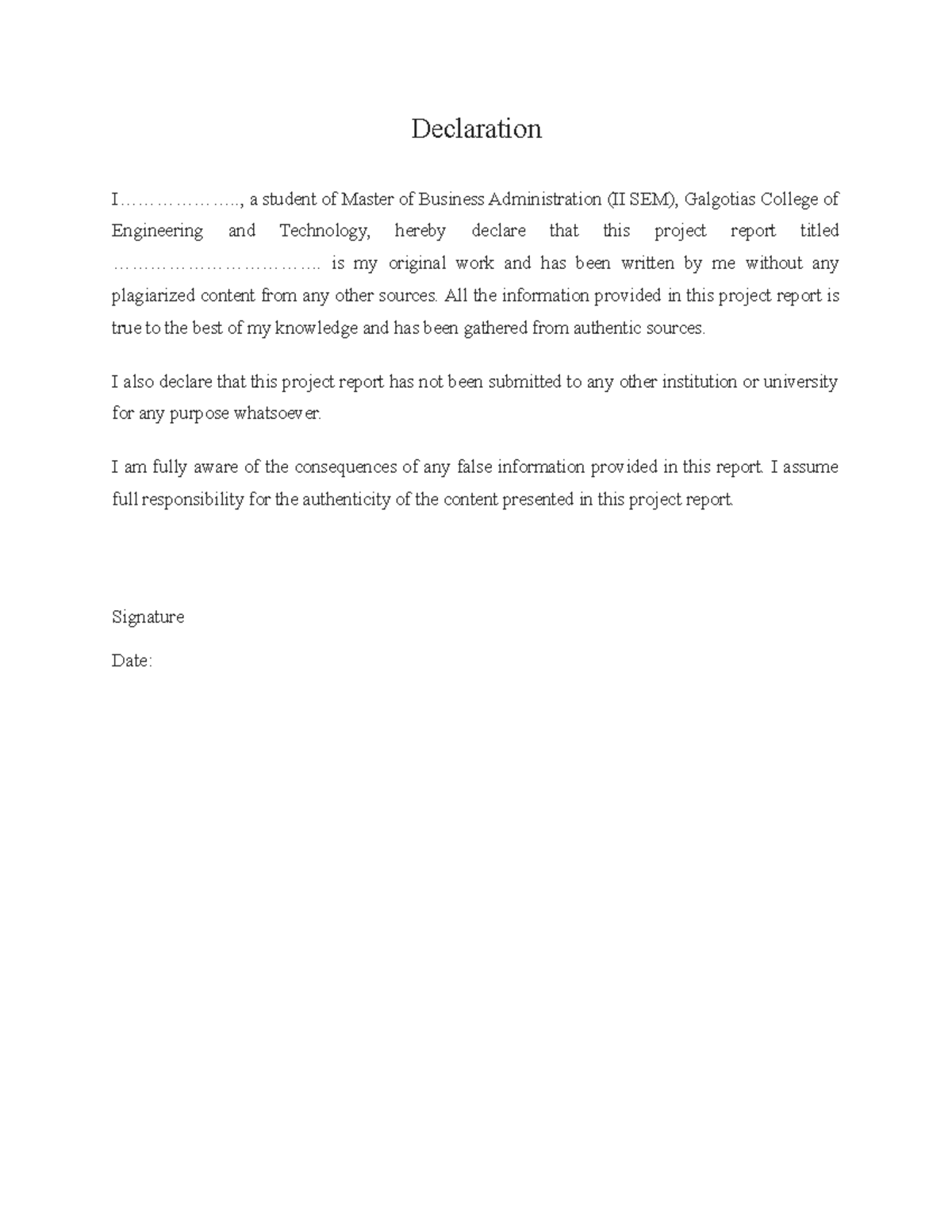 Declaration by student - Declaration I...................., a student ...