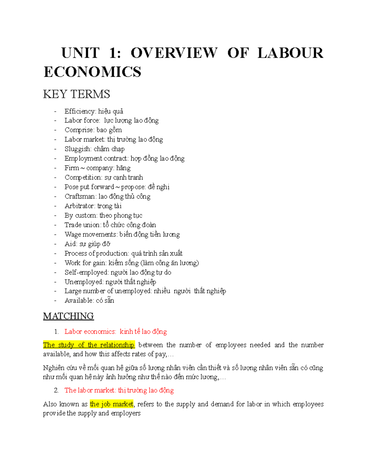 TACN1 - enzo - UNIT 1: OVERVIEW OF LABOUR ECONOMICS KEY TERMS ...