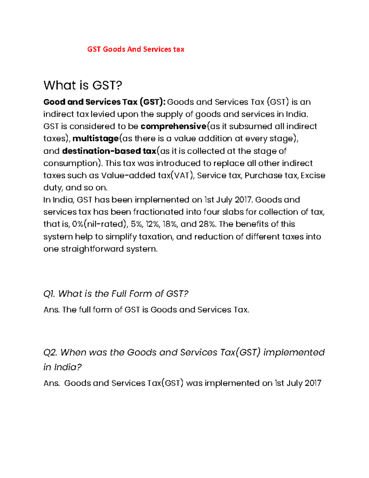 Goods and services tax 1 - GST Goods And Services tax What is GST? Good ...