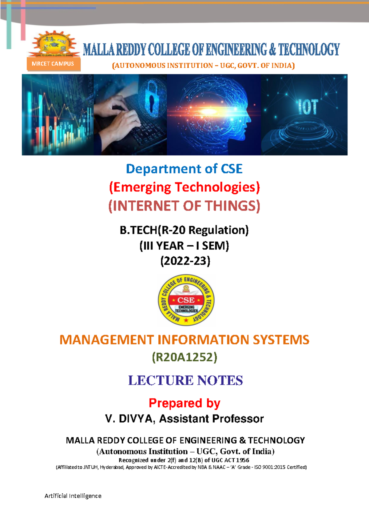 Management Information Systems - B – CSE (Emerging Technologies) R- 20 Artificial Intelligence ...