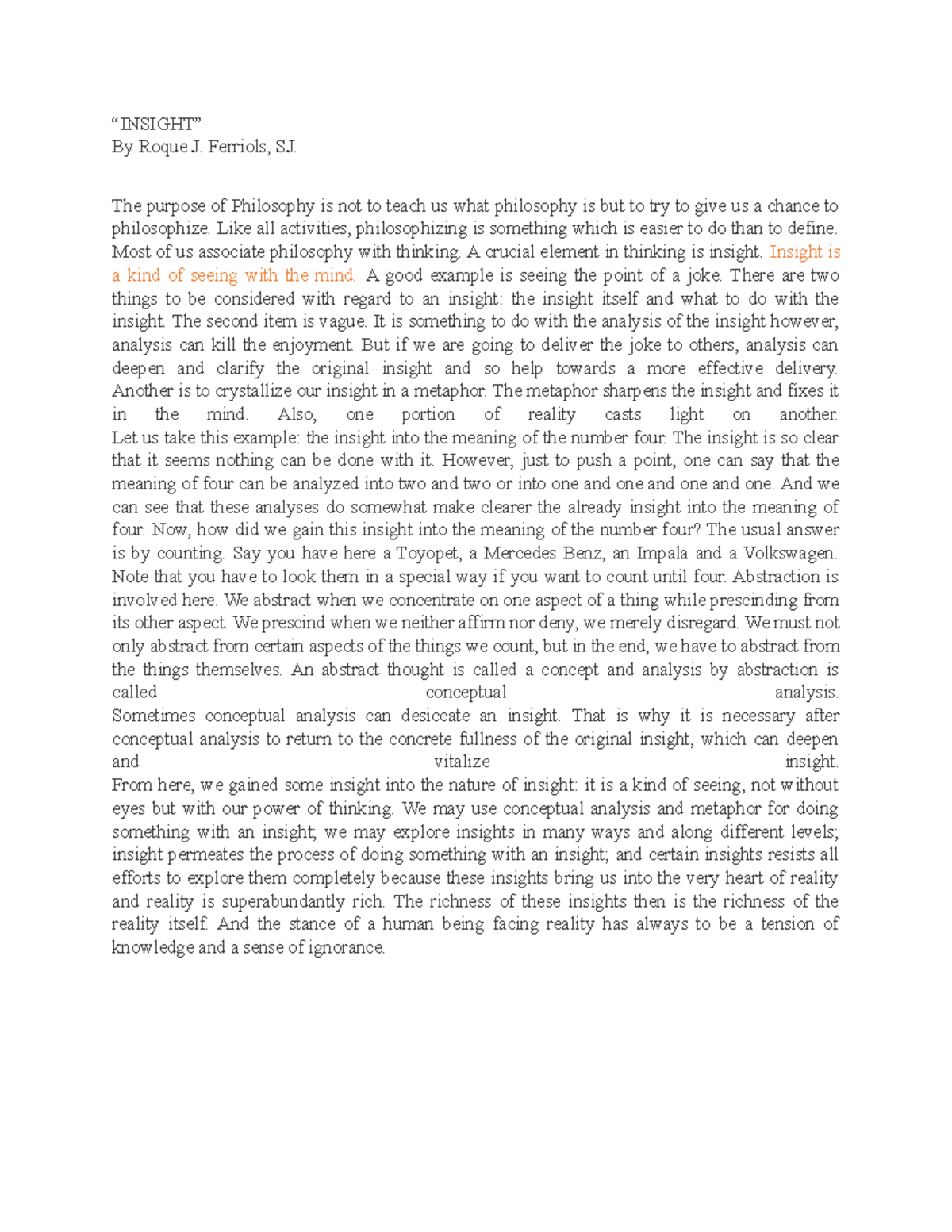 Insight - None - “INSIGHT” By Roque J. Ferriols, SJ. The purpose of ...