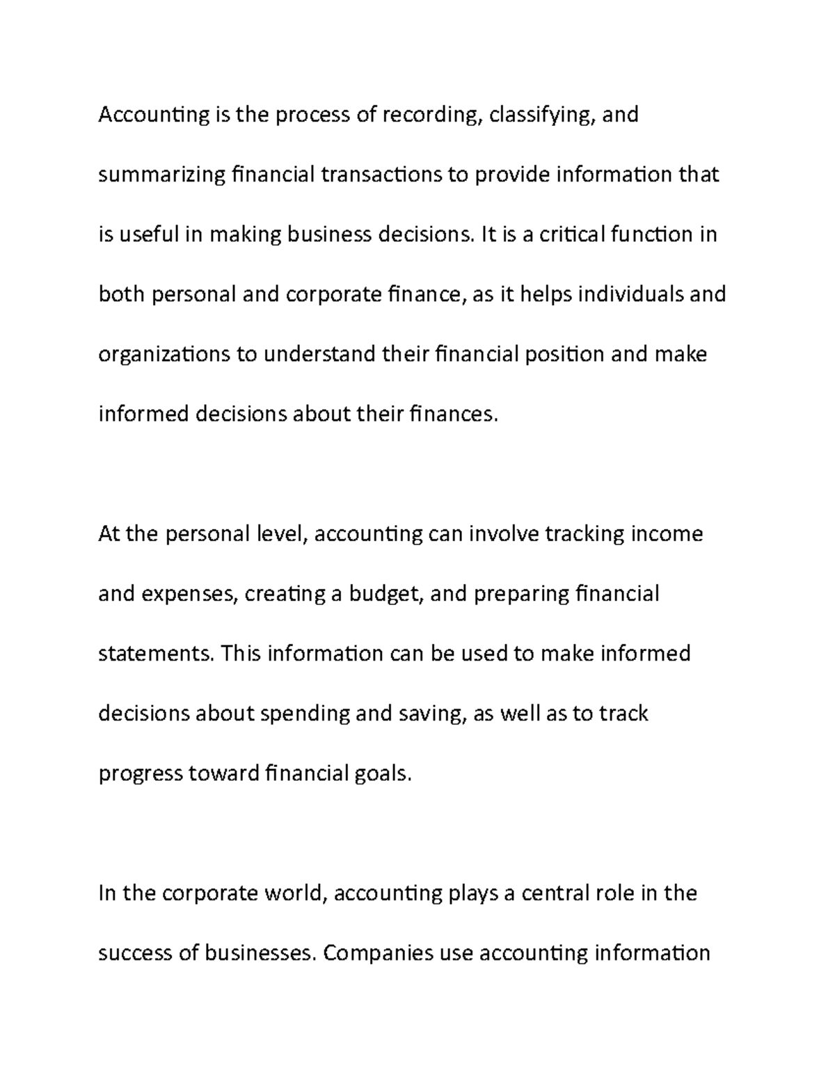 Acounting essay - Accounting is the process of recording, classifying ...