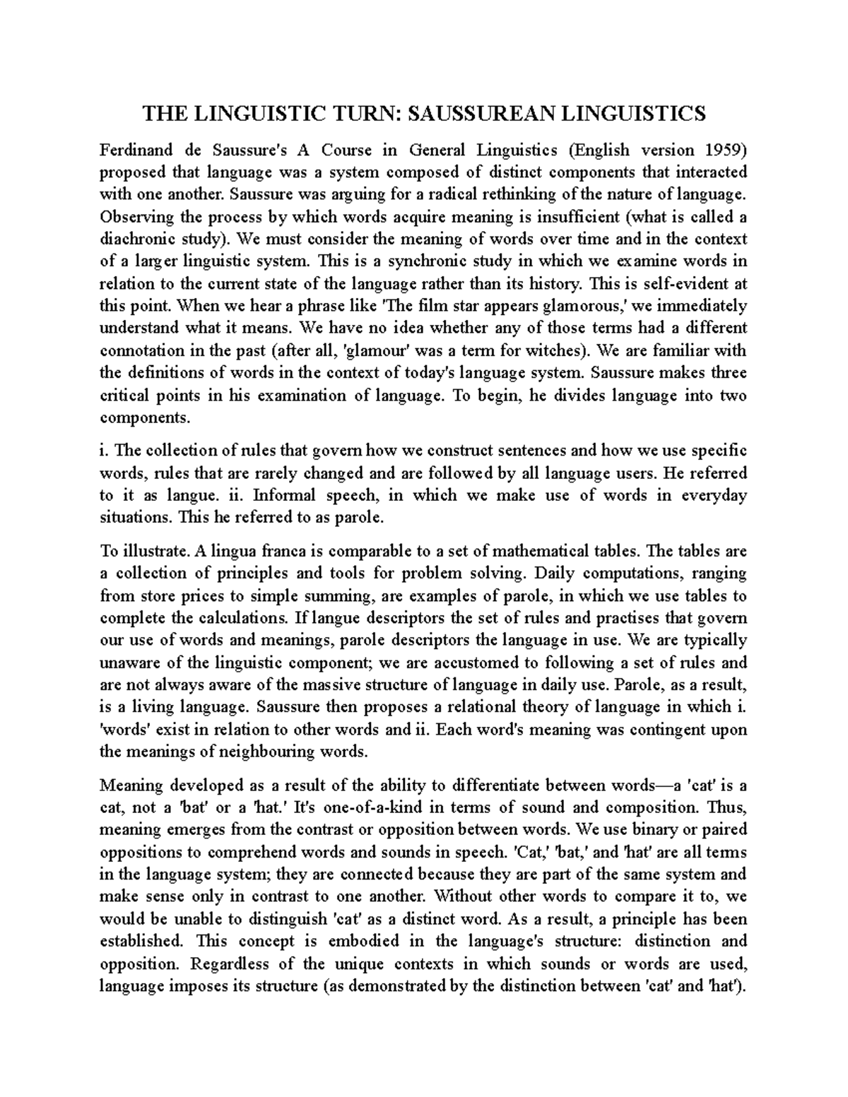 THE LINGUISTIC TURN: SAUSSUREAN LINGUISTICS - THE LINGUISTIC TURN ...
