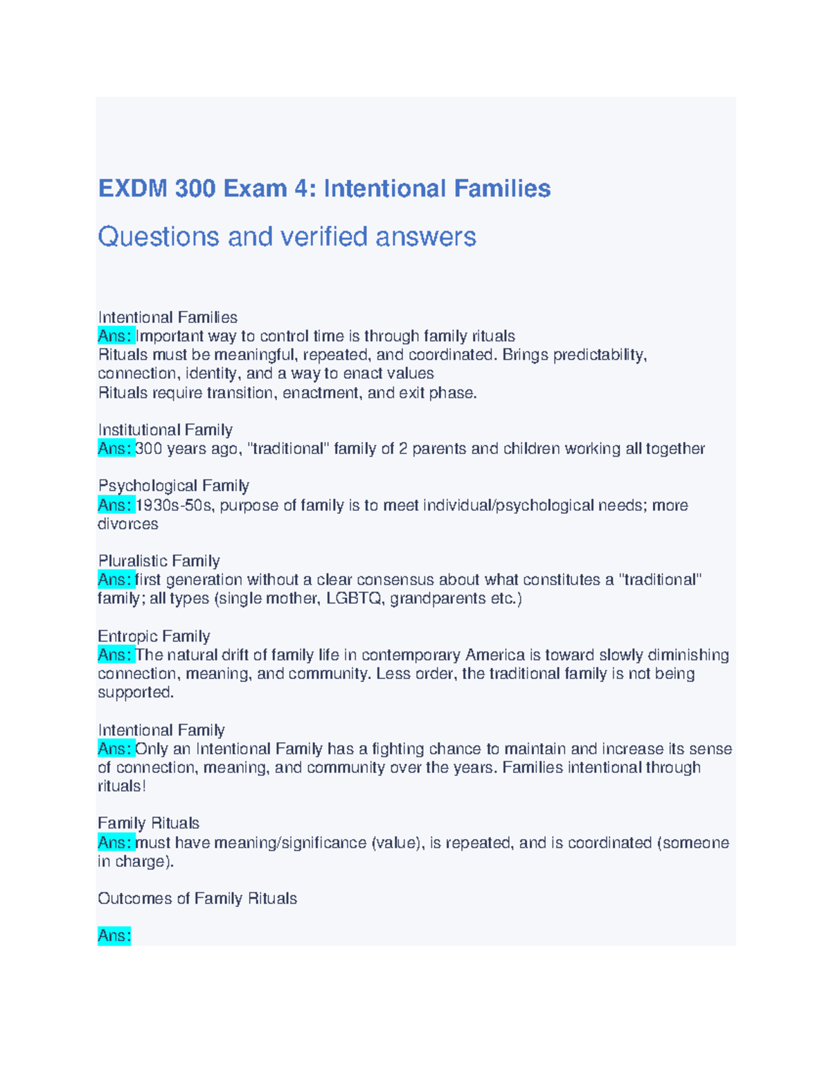 EXDM 300 Exam 4 - EXDM 300 Exam - EXDM 300 Exam 4: Intentional Families ...