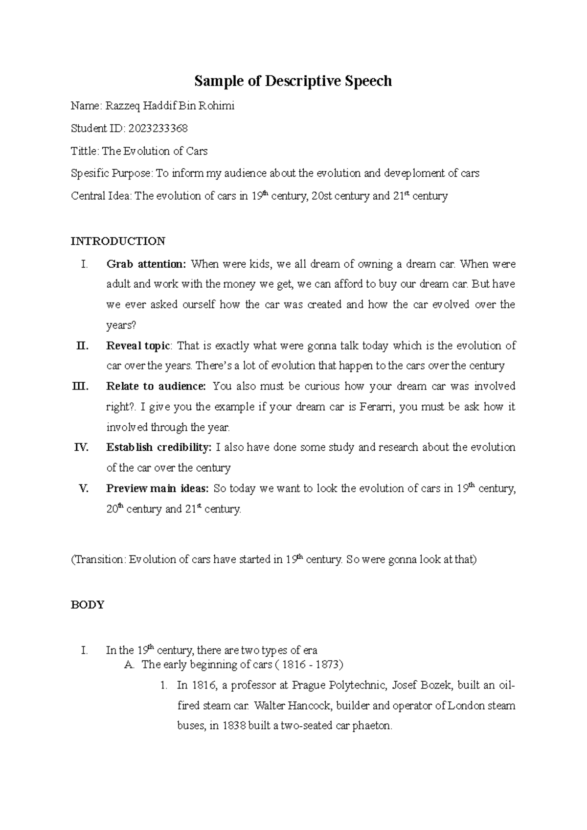Evolution of Car - Final assigment - Sample of Descriptive Speech Name ...