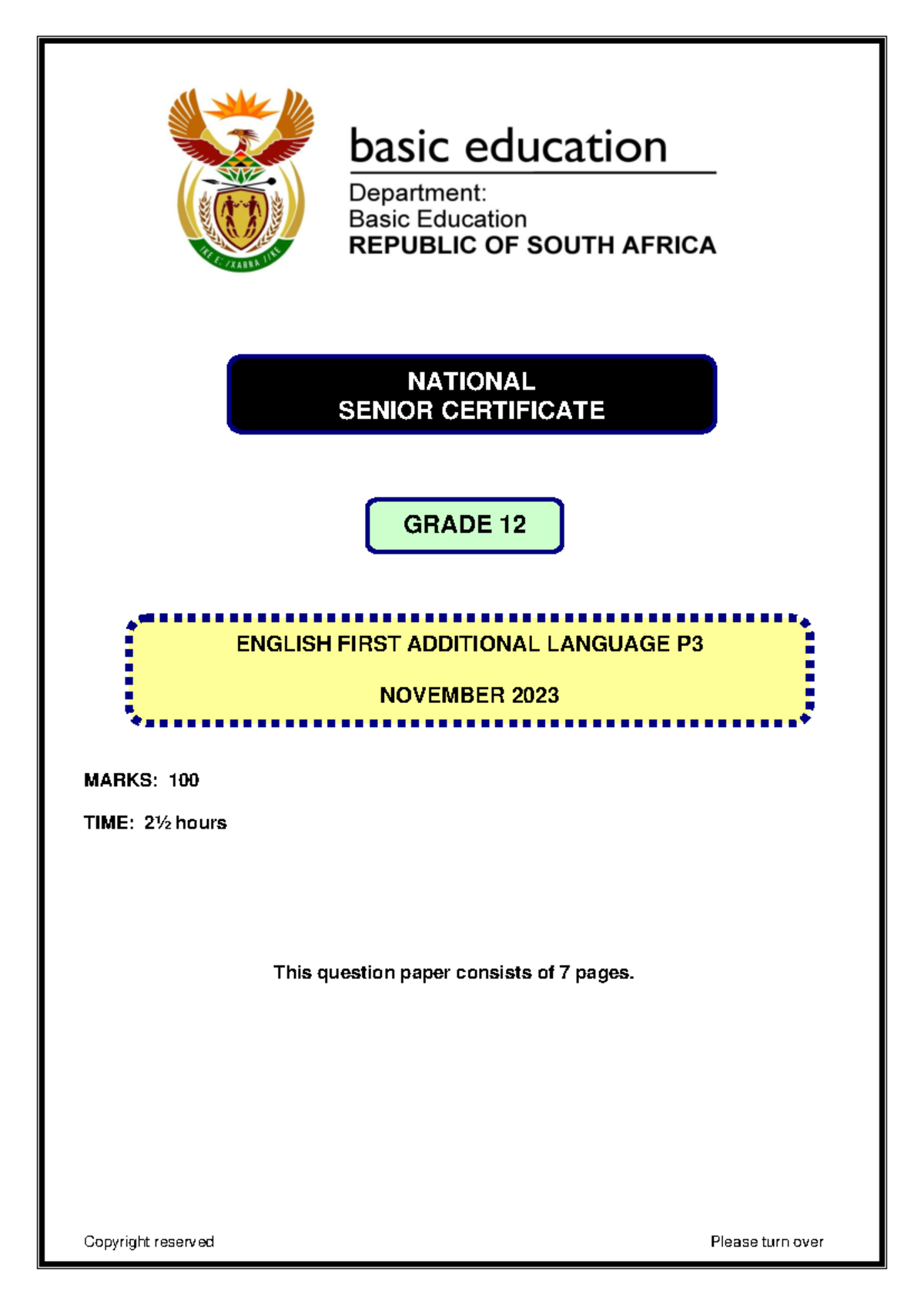 English FAL P3 Nov 2023 - Work - MARKS: 100 TIME: 2½ hours This ...