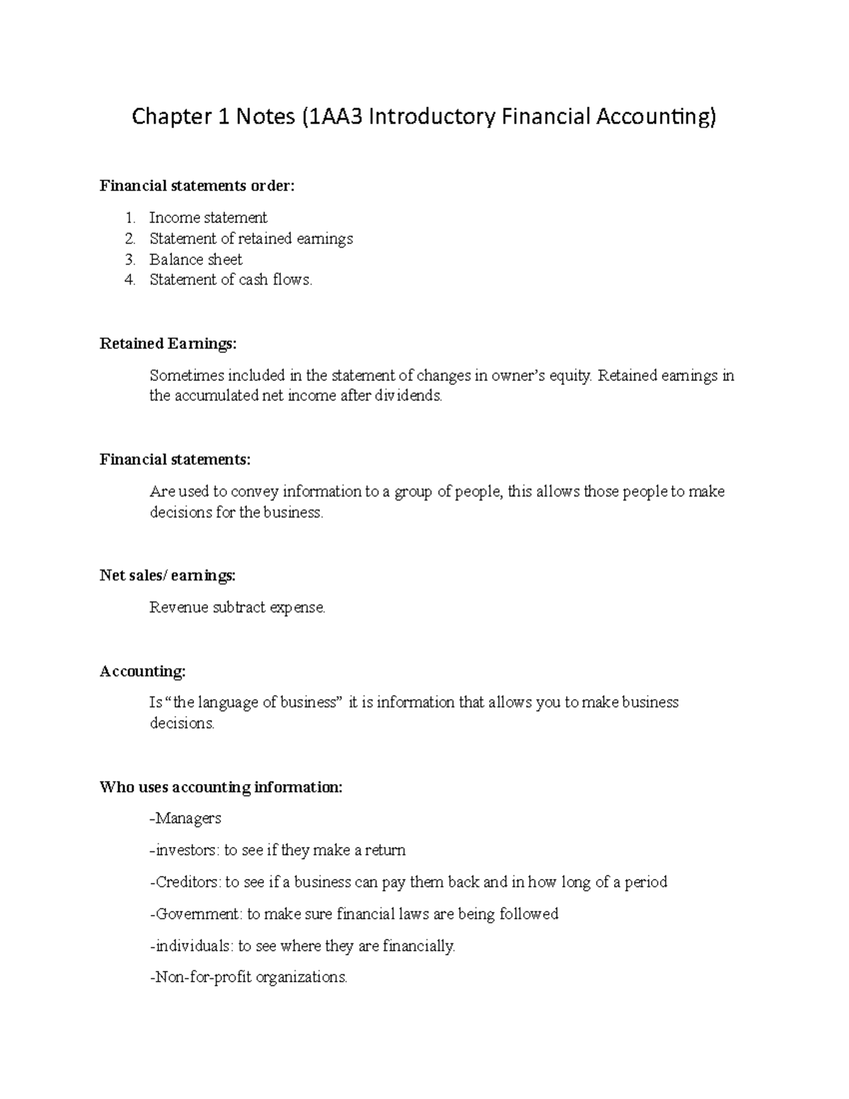 Chapter 1 Notes (1AA3 Introductory Financial Accounting) - Chapter 1 ...