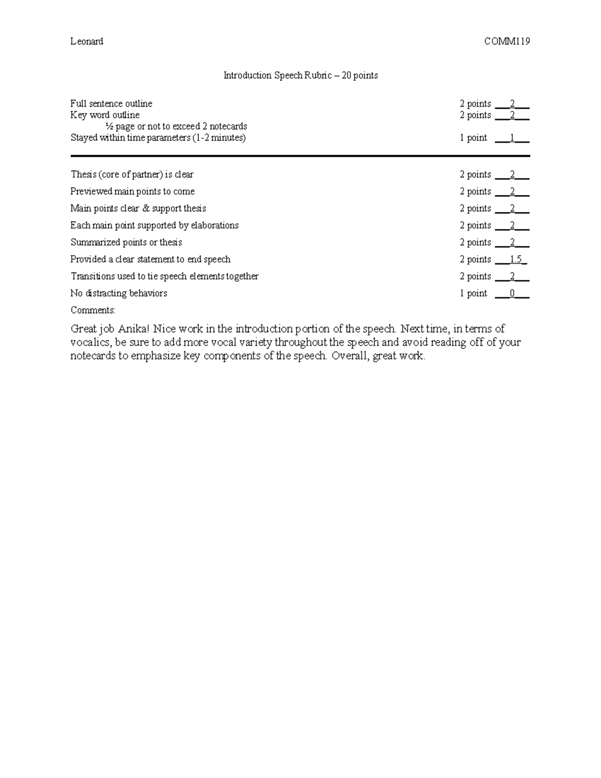 Introduction Speech Rubric - Next time, in terms of vocalics, be sure ...