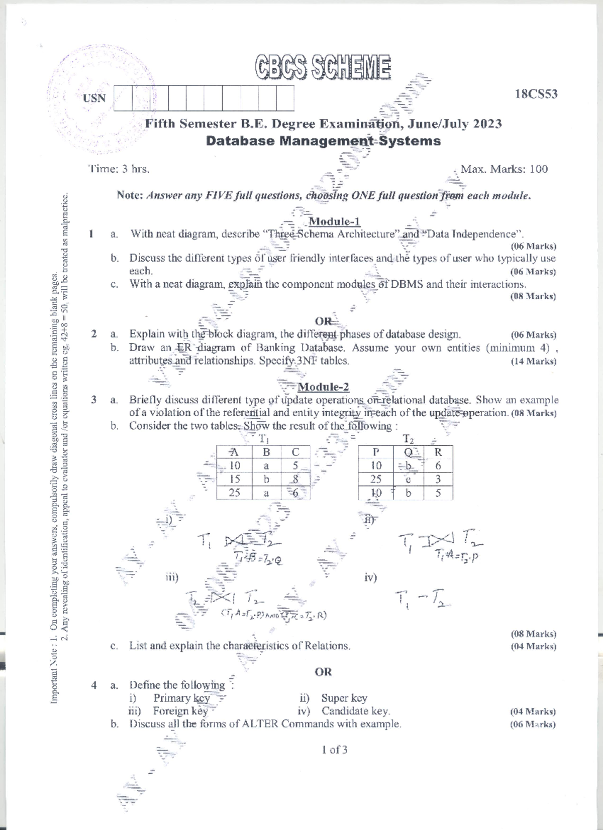 18CS53 June July 2023 - Dbms, cse - Studocu