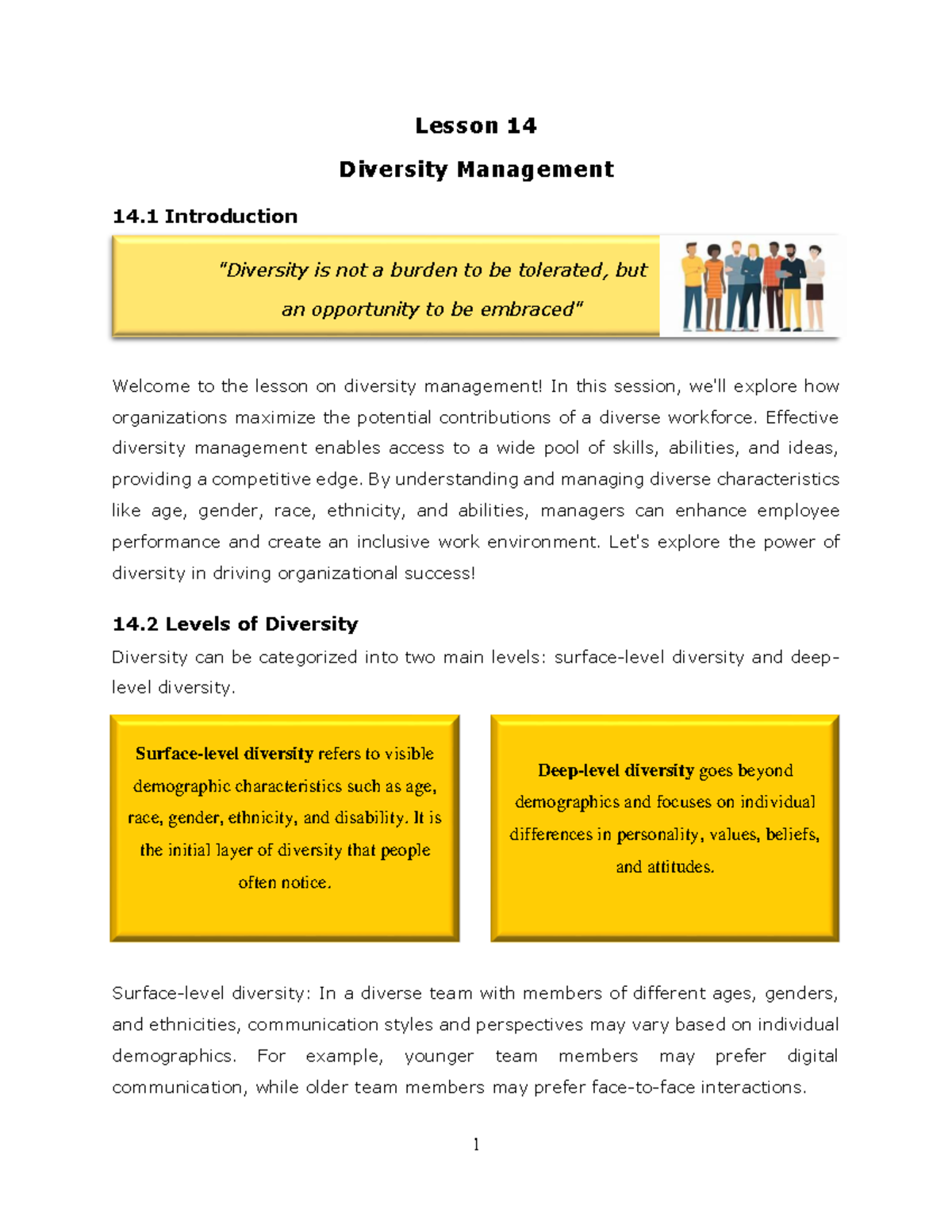 Lesson 14 Diversity mgt - Lesson 14 Diversity Management 14 ...