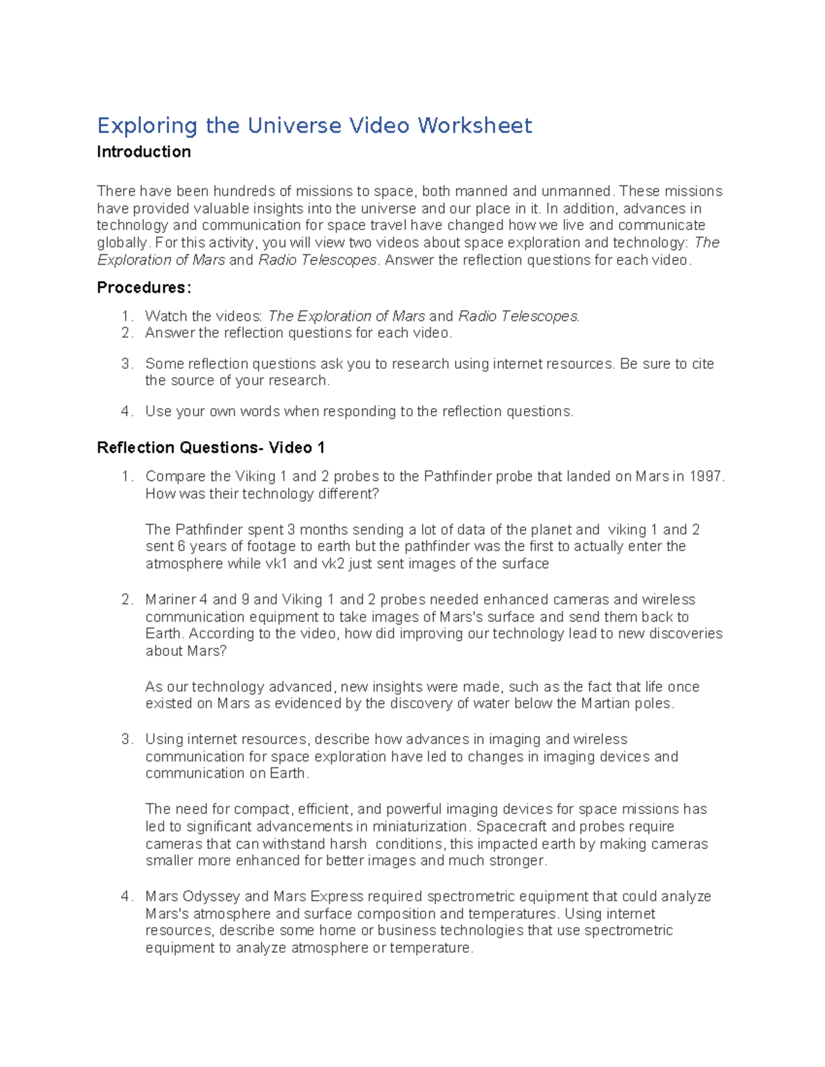 Exploring universe video worksheet - Exploring the Universe Video ...