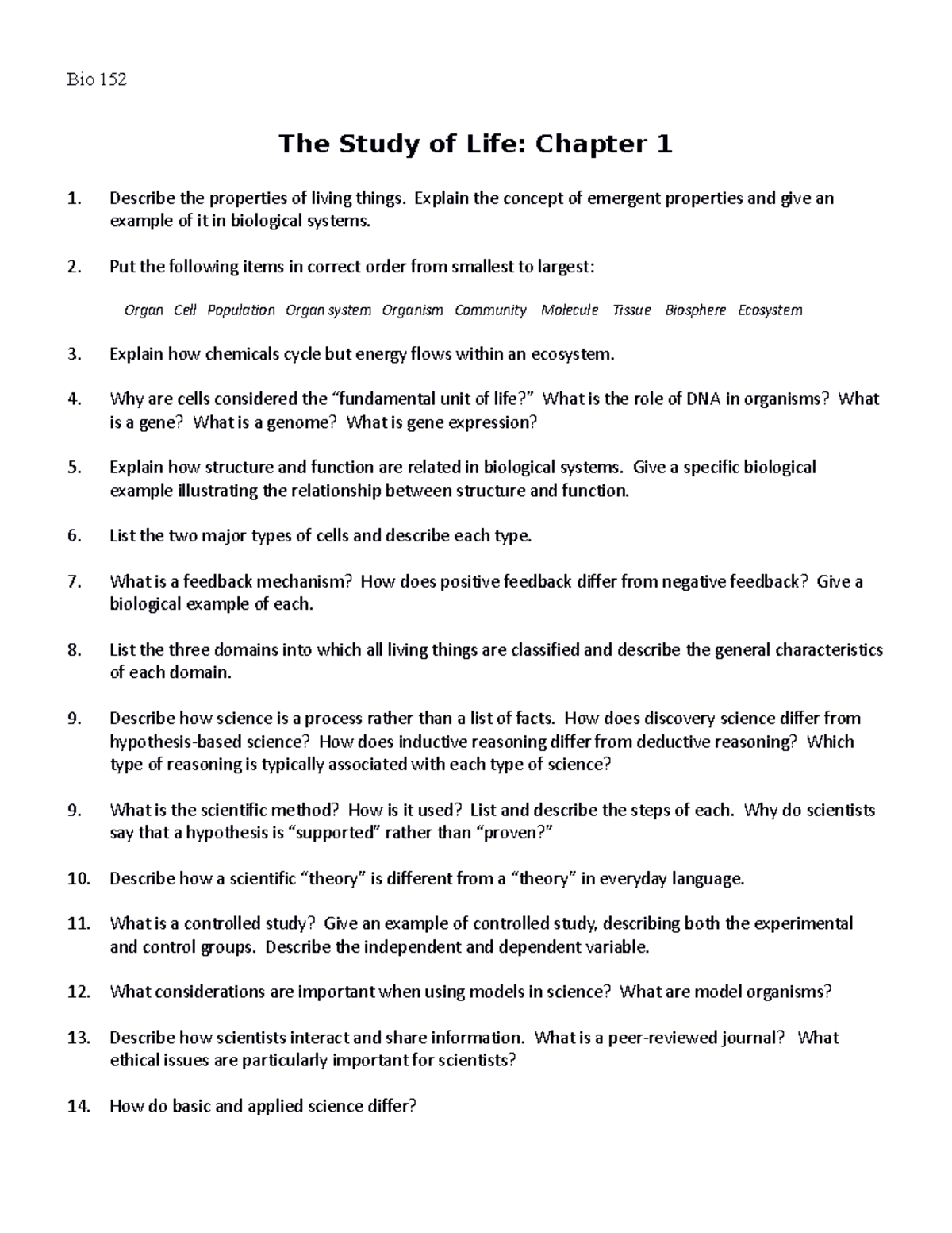 Bio152 Review Sheets Chapter 1 - Bio 152 The Study of Life: Chapter 1 ...