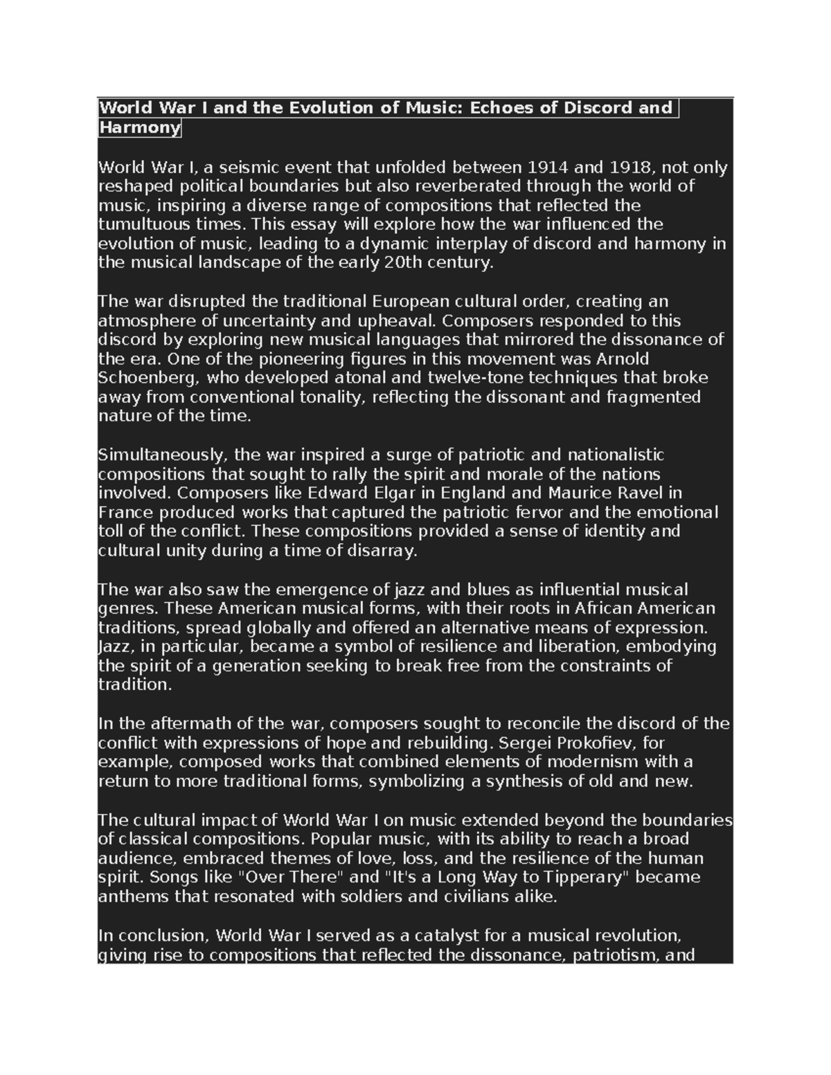 World War I and the Evolution of Music - This essay will explore how ...