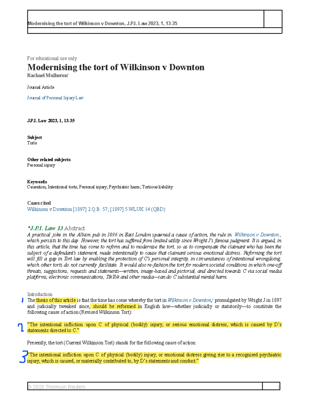 Modernising the tort of Wilkinson v Downton - For educational use only ...