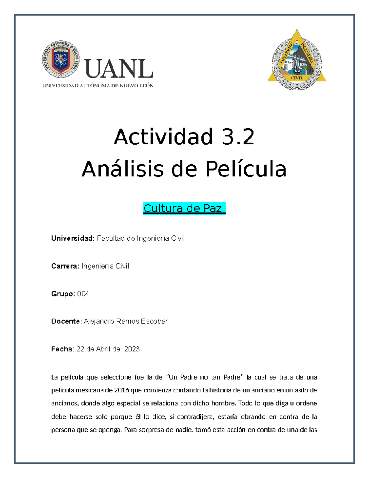 Ensayo y análisis de pelicula - Actividad 3. Análisis de Película ...