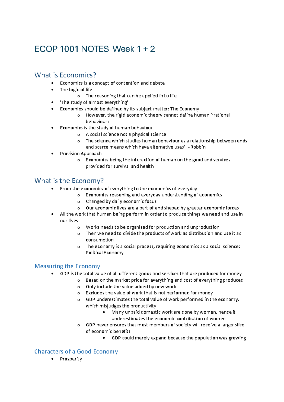 ECOP 1001 Notes Week 1 + 2 - ECOP 1001 NOTES Week 1 + 2 What is ...