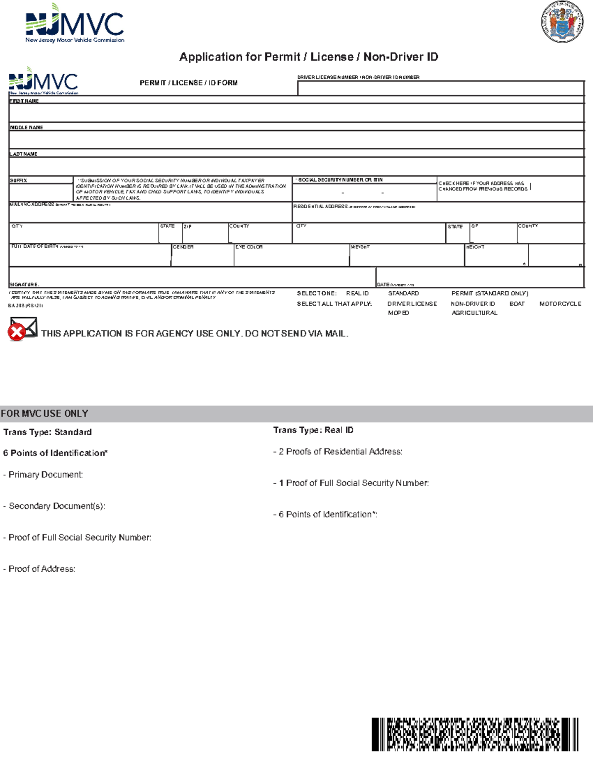 BA-208 - Senior - 琀最 • 팀꼀 PERMIT/ LICENSE/ ID FORM ####### New Jersey ...