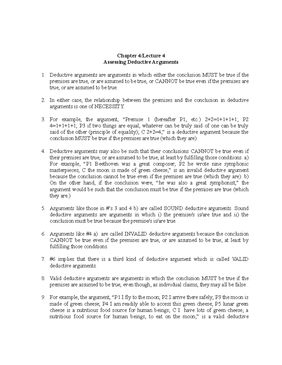 Chapter 4 Lecture Notes Chapter 4 Lecture 4 Assessing Deductive Arguments Deductive