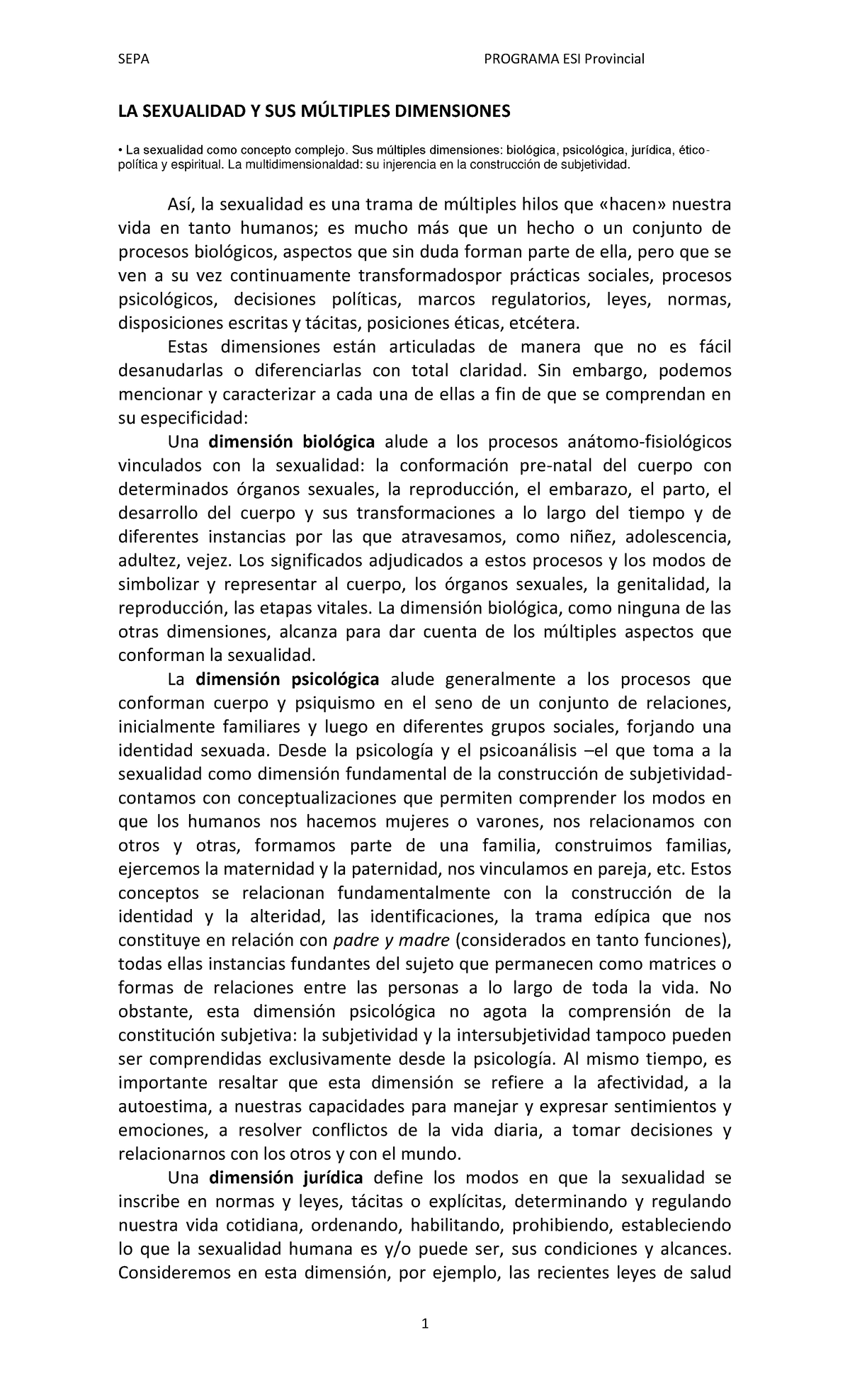 Dimensiones De La Sexualidad Sepa Programa Esi Provincial 1 La