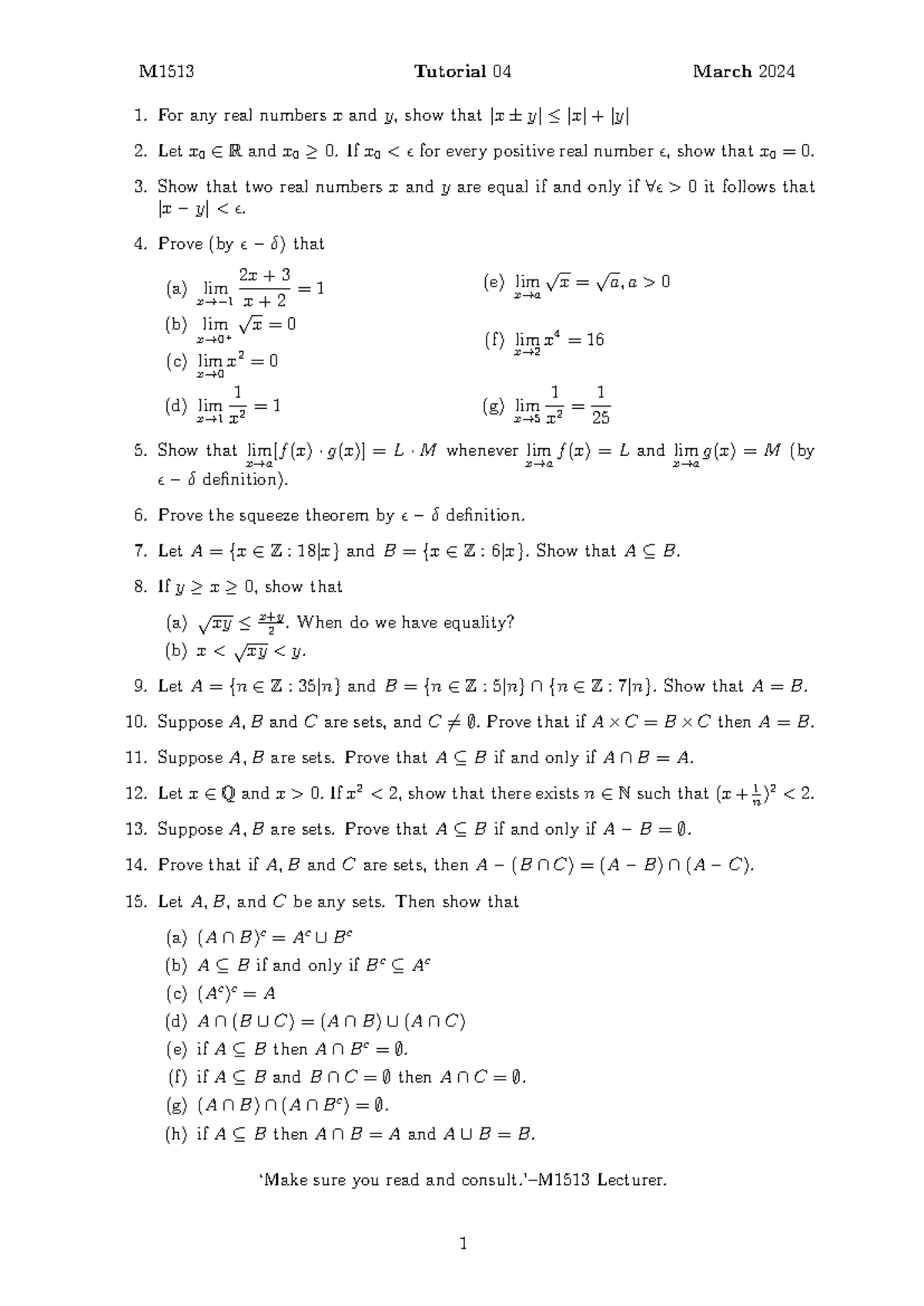 Tutorial 04 - M 1513 Tutorial 04 March 2024 For any real numbers x and ...