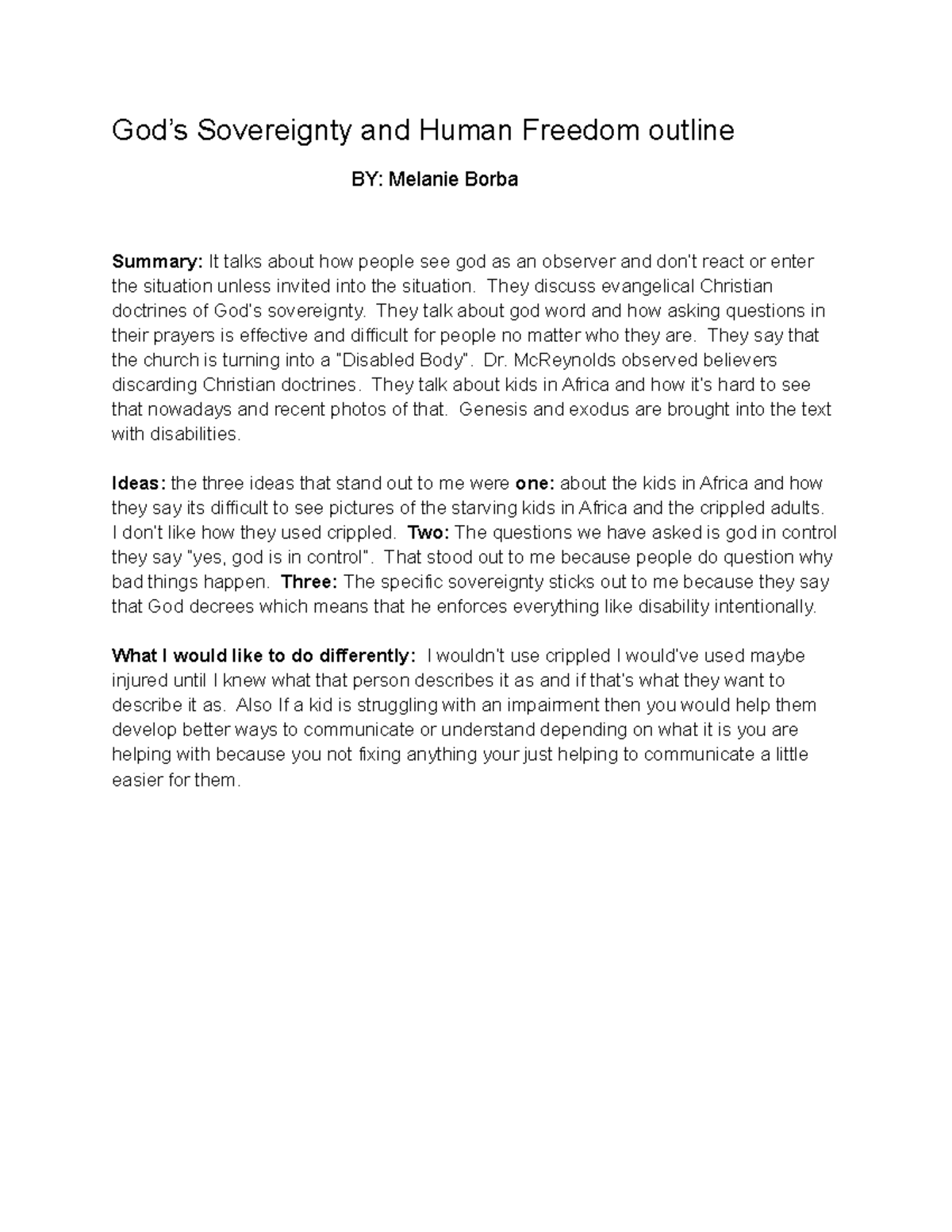 Week 4 reading outline CODS - God’s Sovereignty and Human Freedom ...