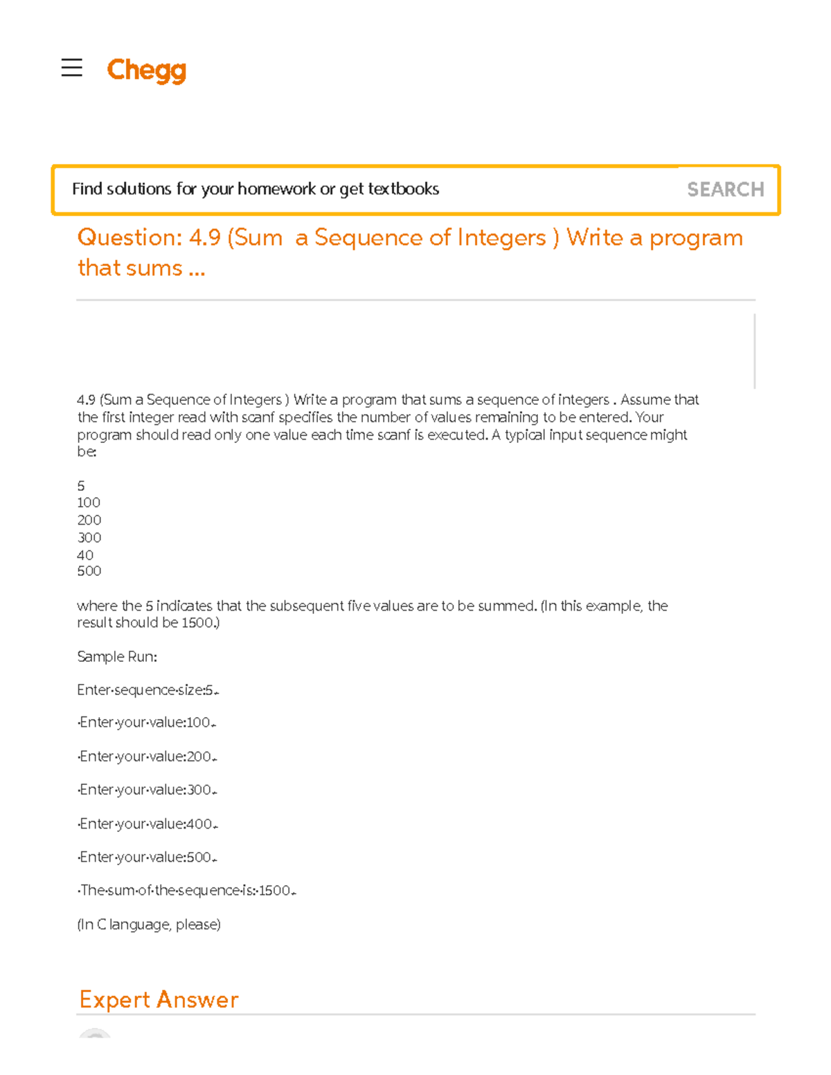 4.9 (Sum A Sequence Of Integers ) Write A Program ... Chegg - home / study / engineering ...