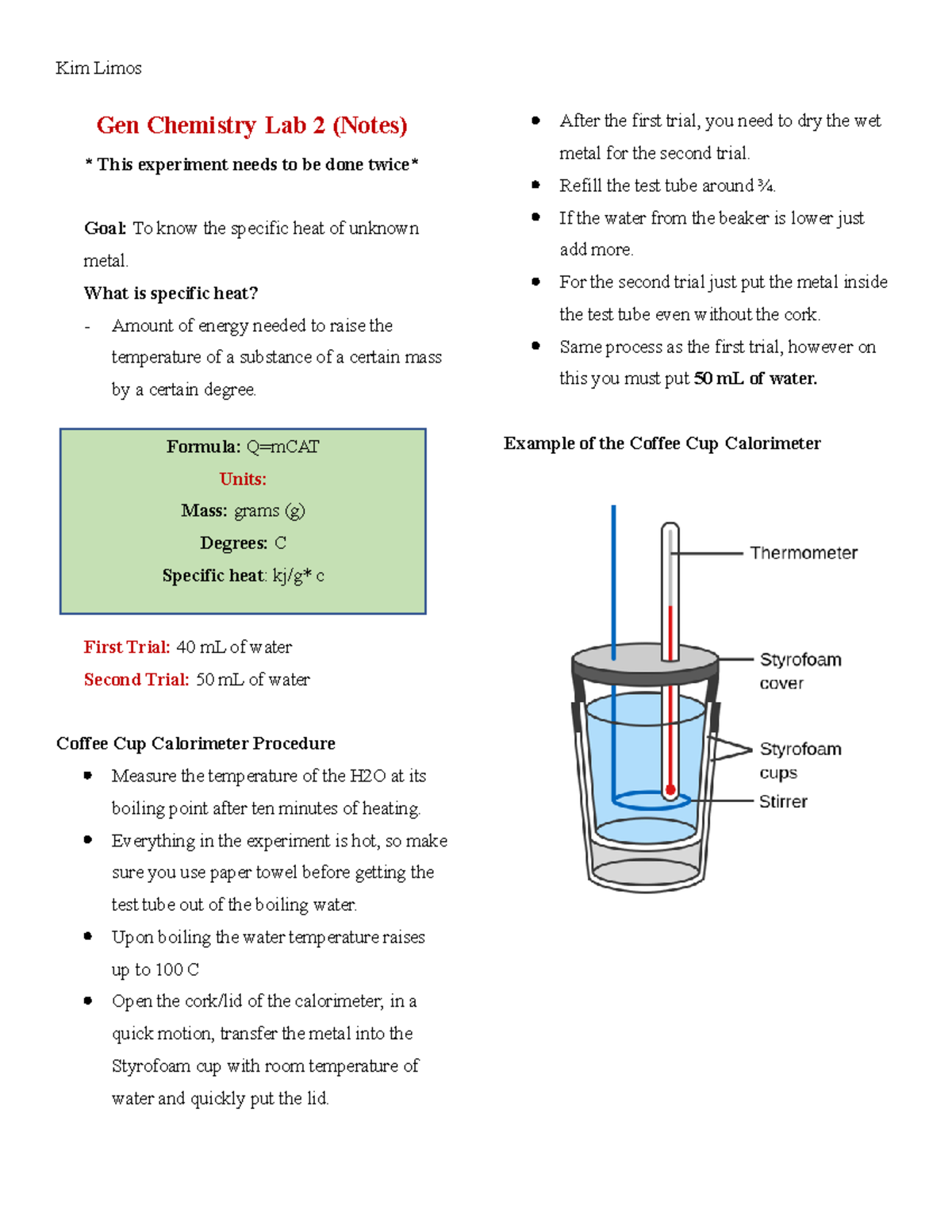 Gen Chemistry Lab 2 Notes - Kim Limos Gen Chemistry Lab 2 (Notes) This ...
