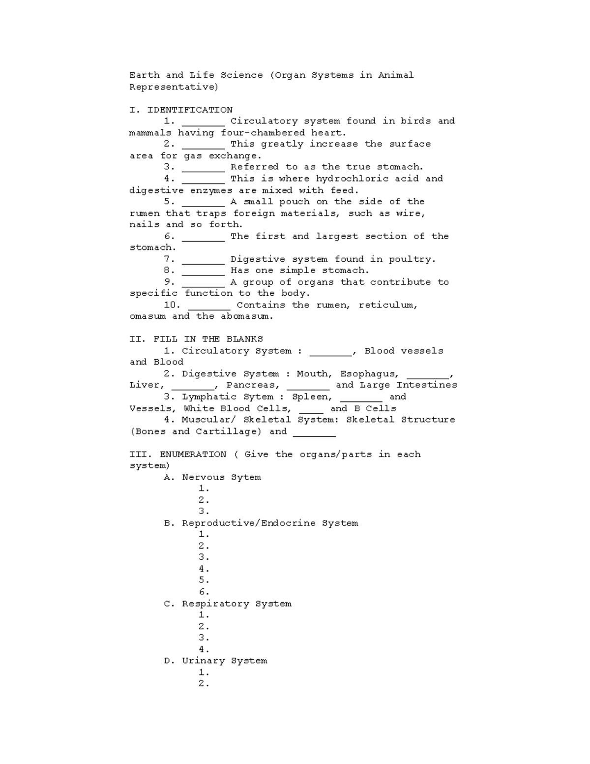 Earth and Life Science (Organ Systems in Animal Representative ...
