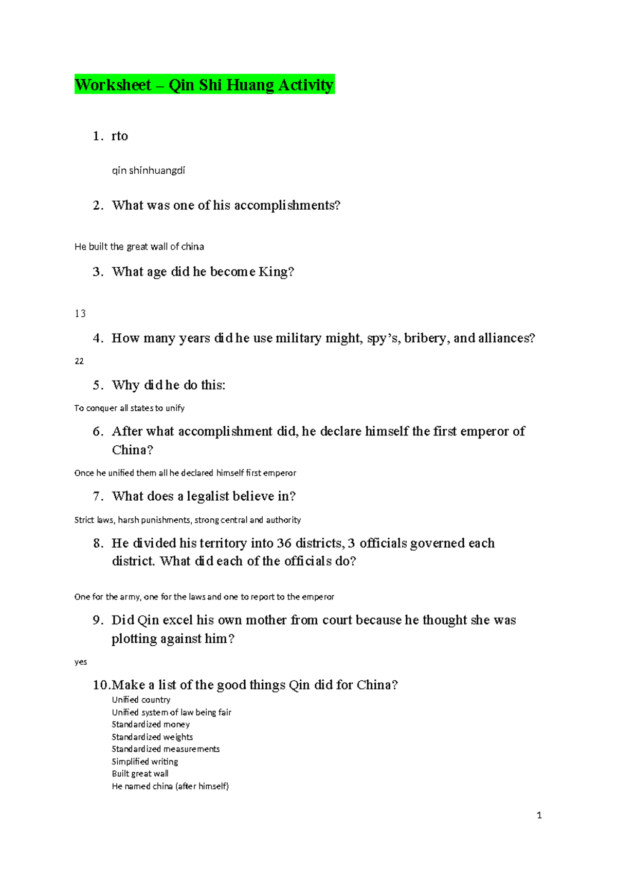 Worksheet Qin Shi Huang - Worksheet – Qin Shi Huang Activity 1. rto qin ...