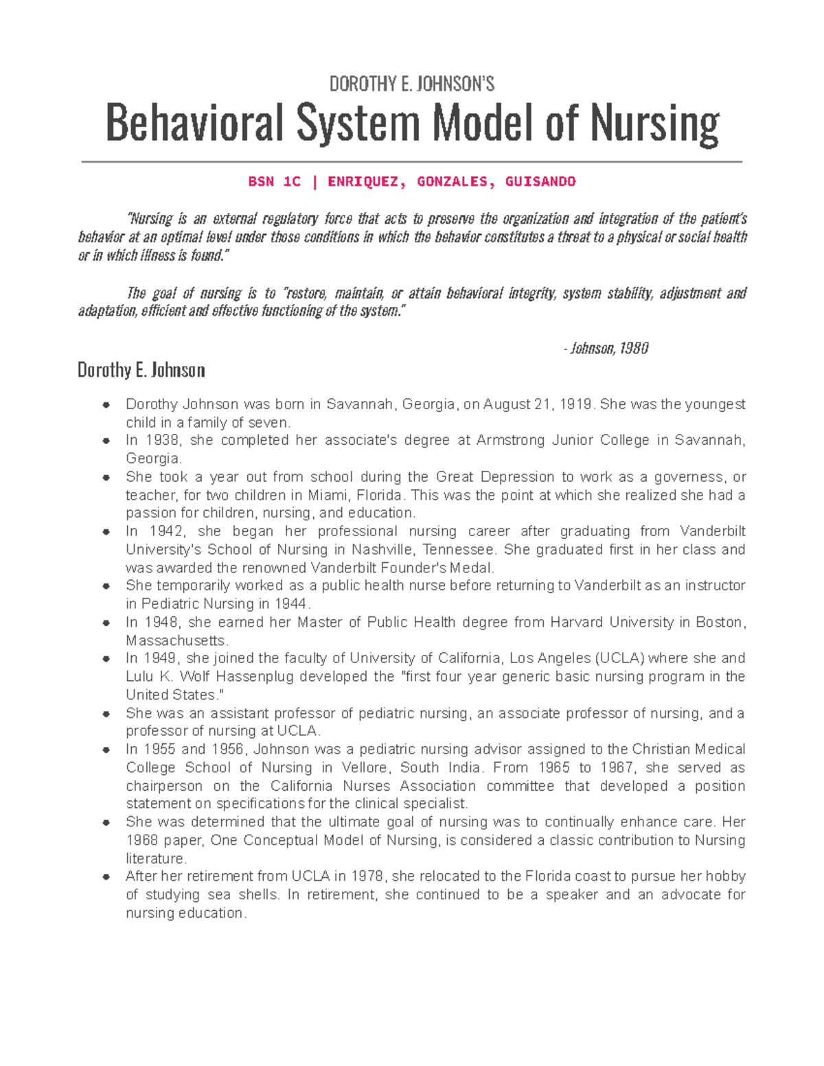 Group 9 - Dorothy Johnson - DOROTHY E. JOHNSON’S Behavioral System ...