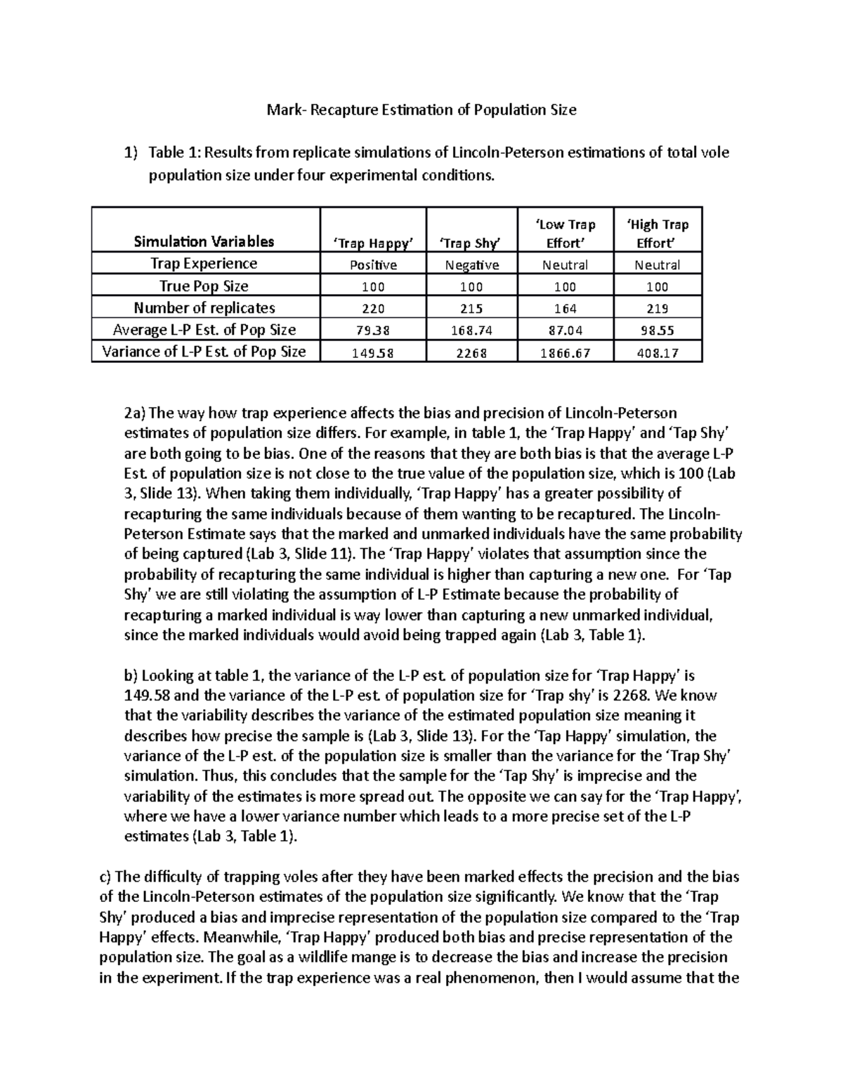 Lab 3 report - this one is and B- A paper - Mark- Recapture Estimation ...
