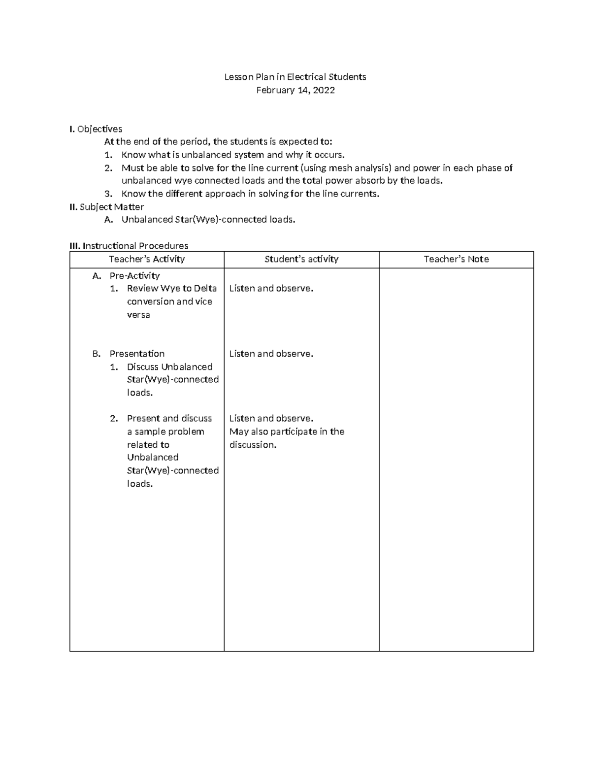 Lesson Plan - Objectives At the end of the period, the students is ...