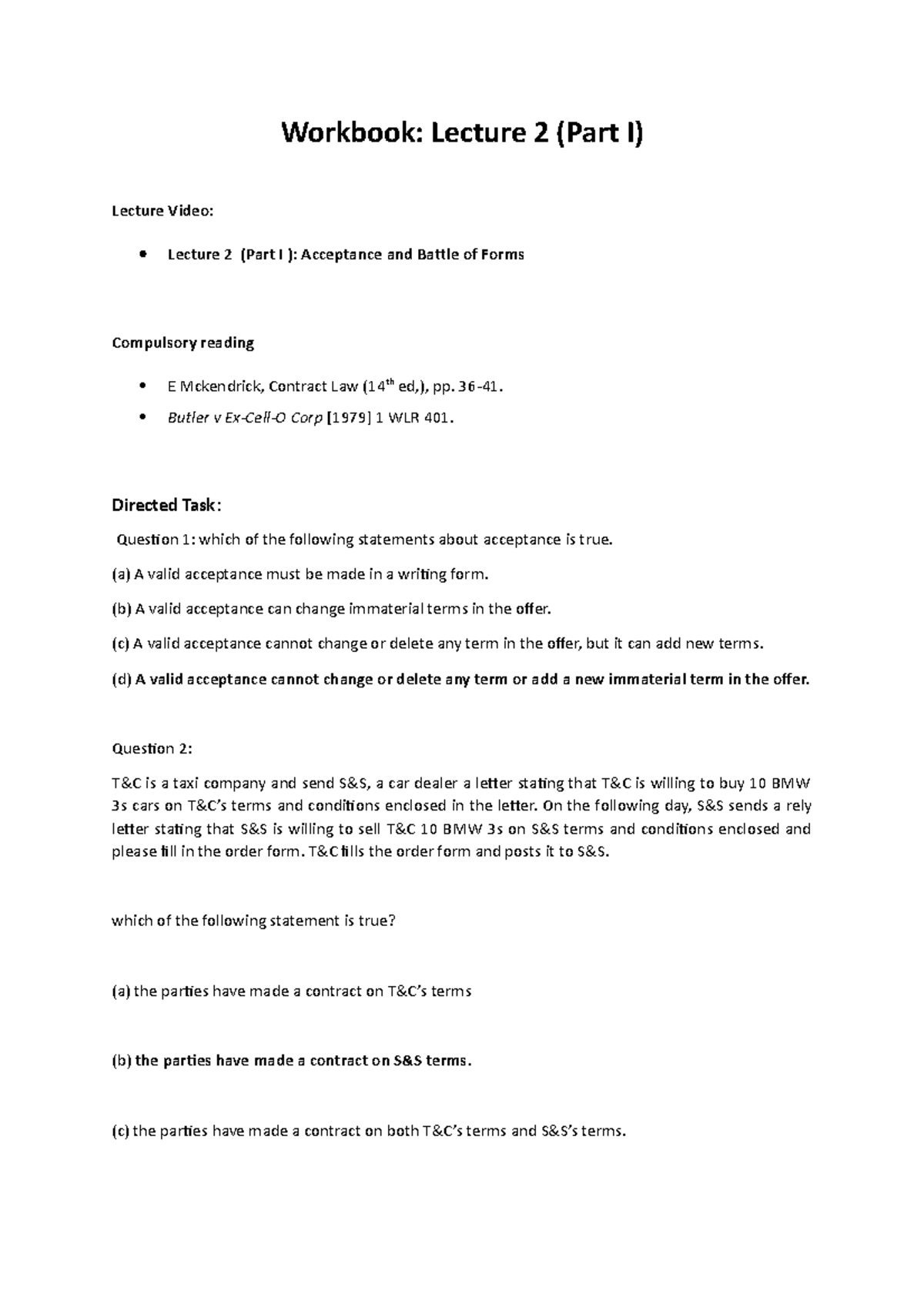 Contract lec 2 - Workbook: Lecture 2 (Part I) Lecture Video: Lecture 2 (Part I ): Acceptance and ...