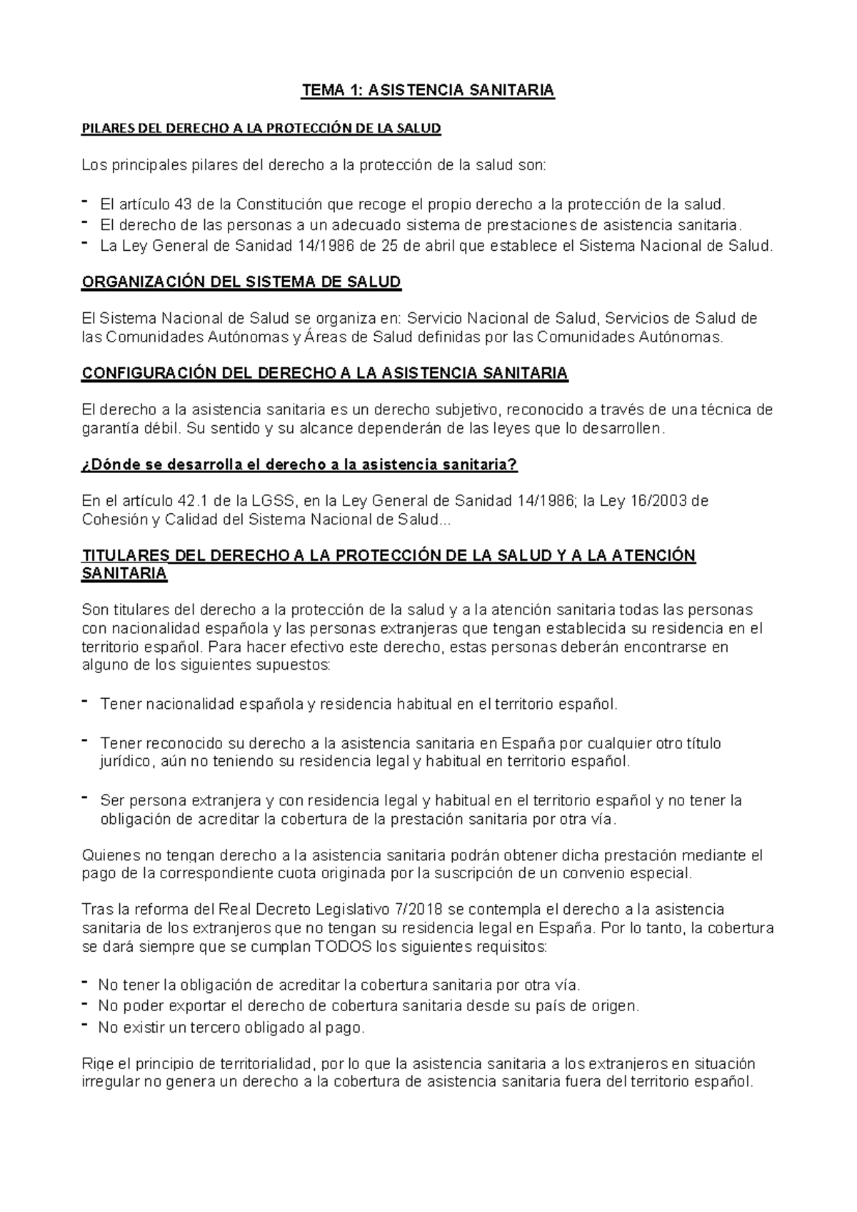 Apuntes Seguridad Social Tema 1 Asistencia Sanitaria Pilares Del