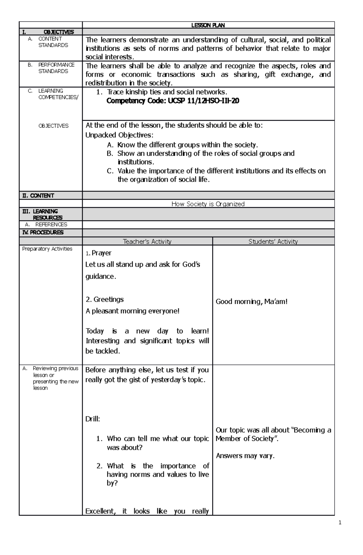 Sample- Lesson-PLAN - Thanks - LESSON PLAN I. OBJECTIVES A. CONTENT ...